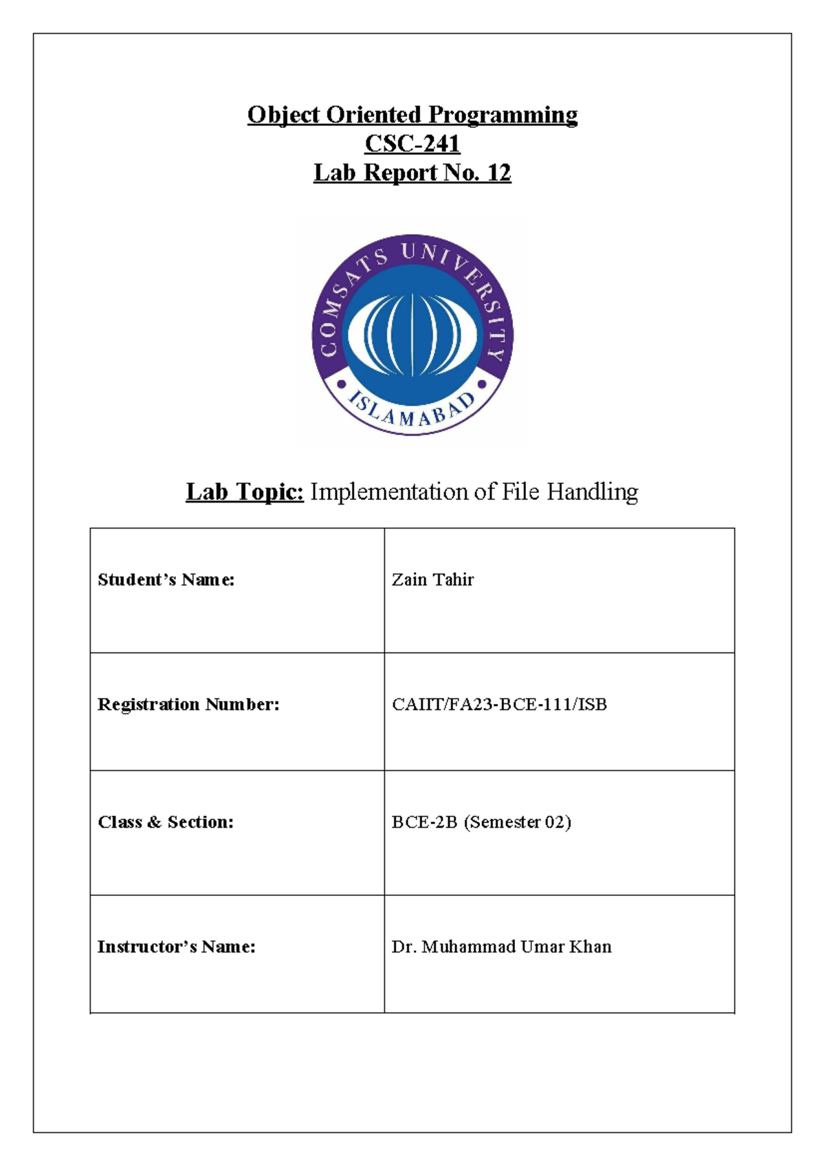 Lab Report No. 12 - ..... - Object Oriented Programming CSC- Lab Report No. 12 Lab Topic: - Studocu