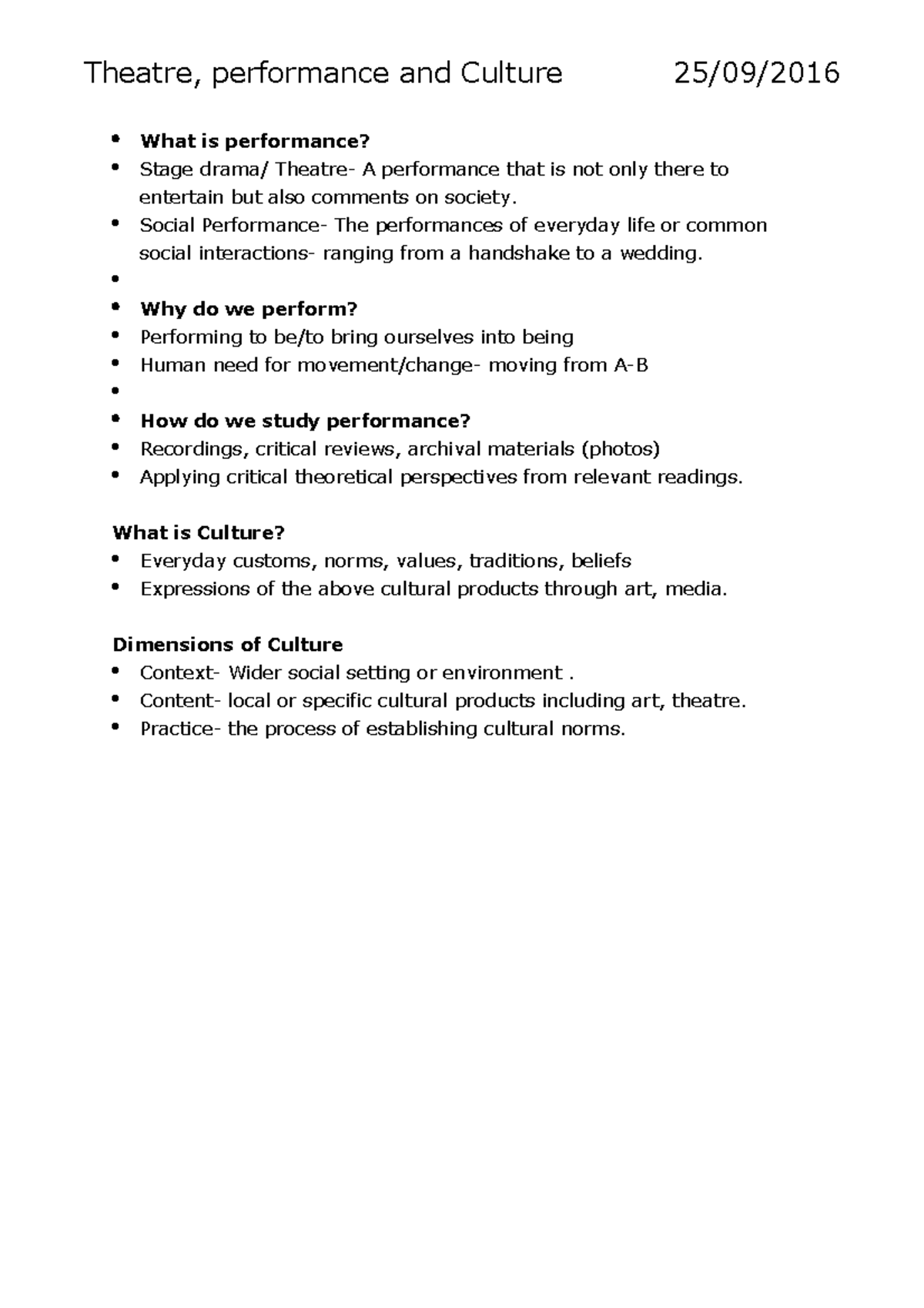 Culture and performance lecture notes - Theatre, performance and ...