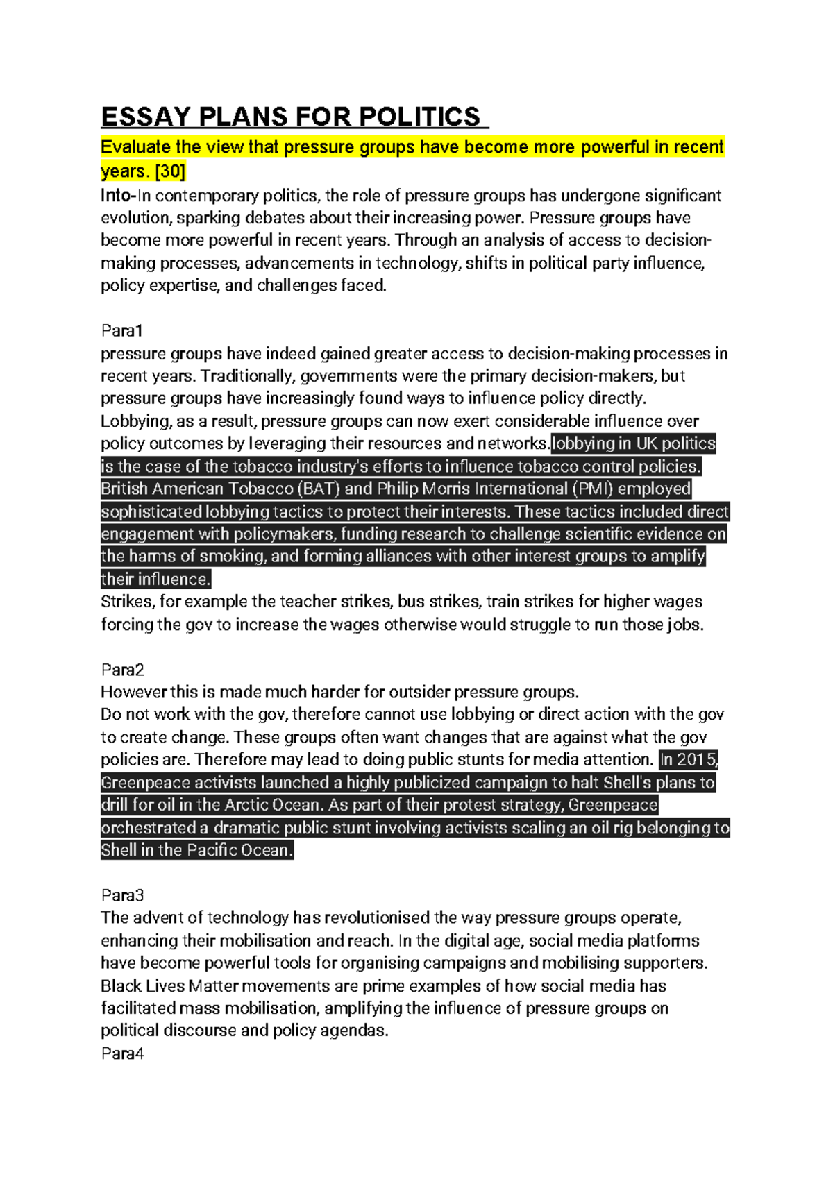 Essay Plans FOR Politics - ESSAY PLANS FOR POLITICS Evaluate the view ...