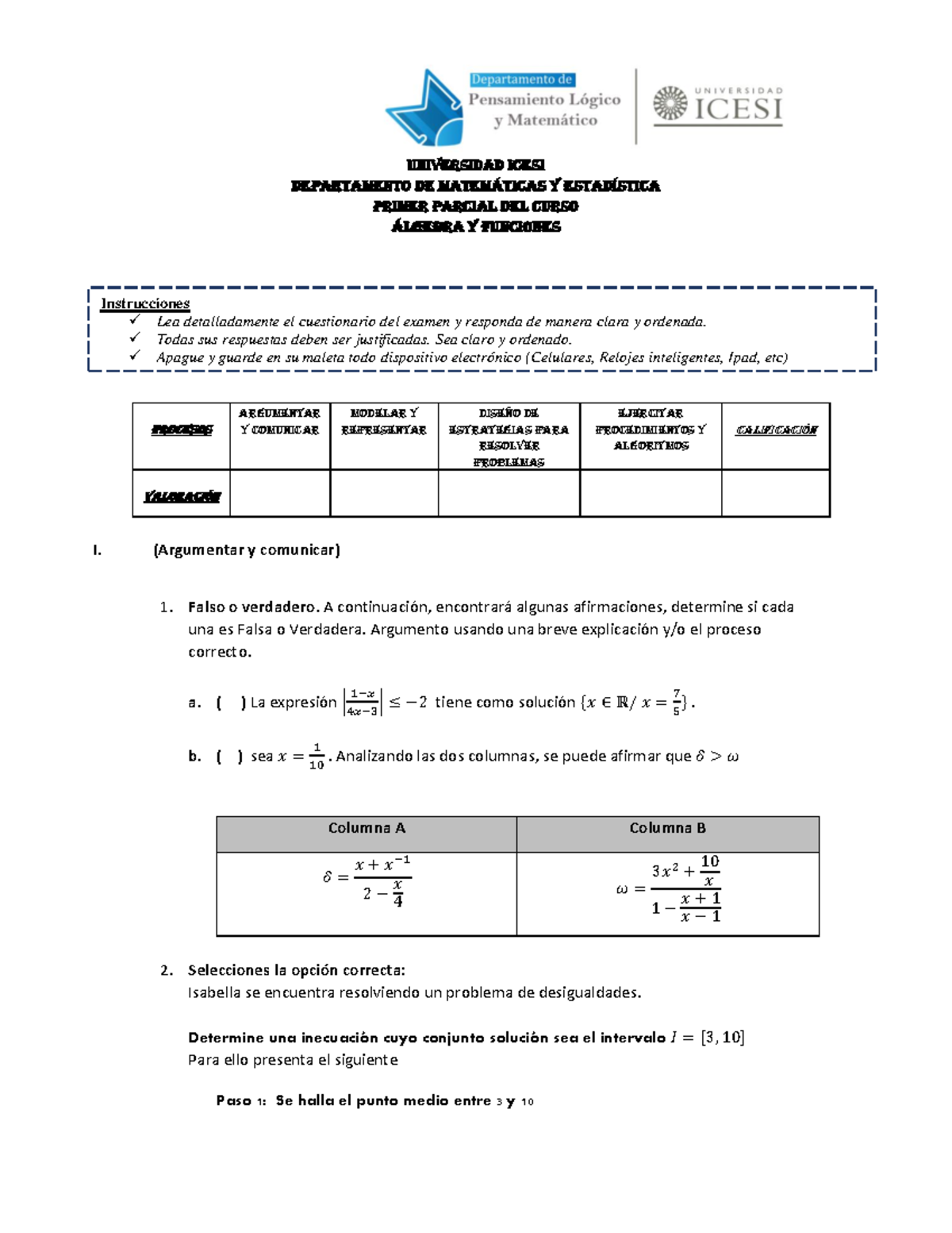 Taller Parcial #1 Simulacro - UNIVERSIDAD ICESI DEPARTAMENTO DE MATEM¡TICAS Y ESTADÕSTICA PRIMER ...