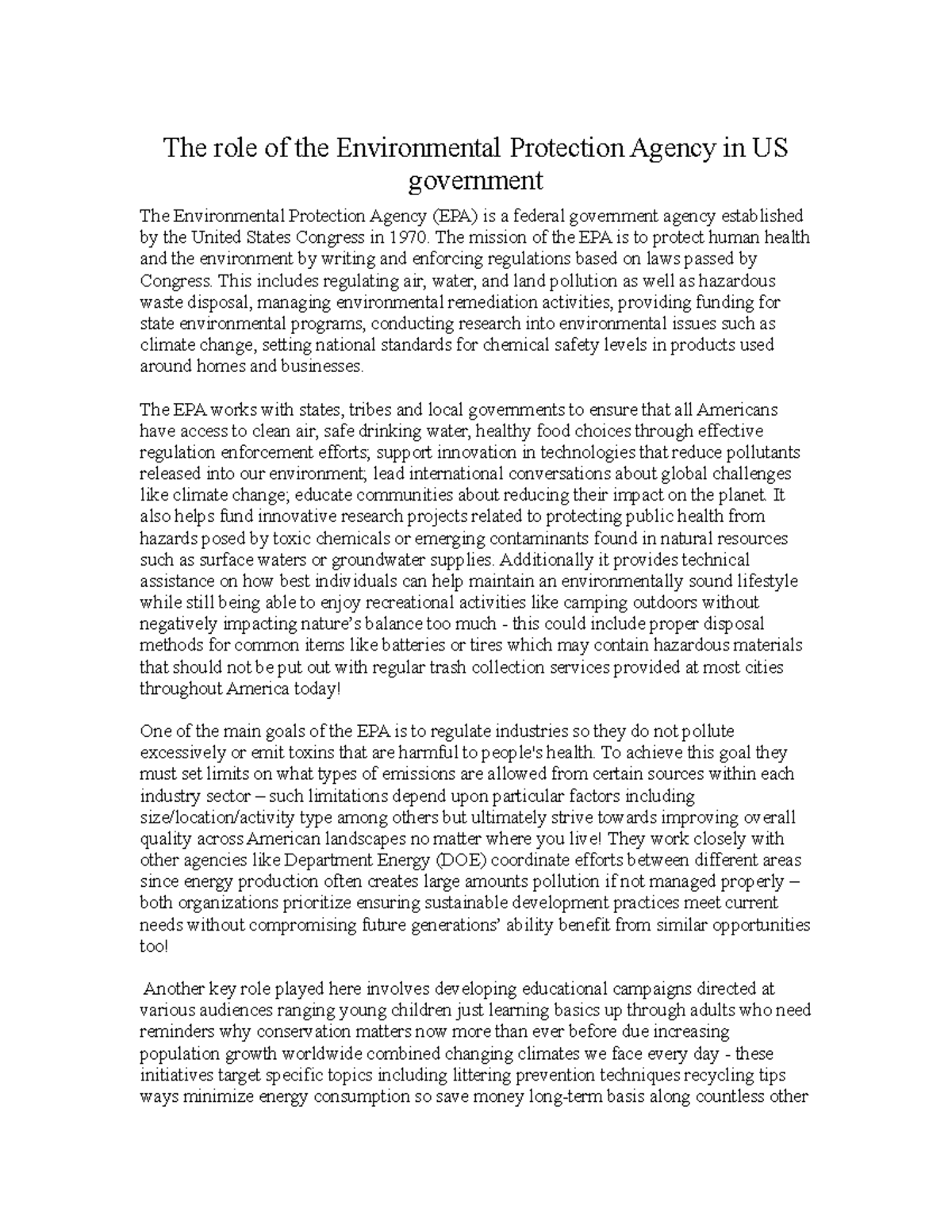 The role of the Environmental Protection Agency in US government - The ...