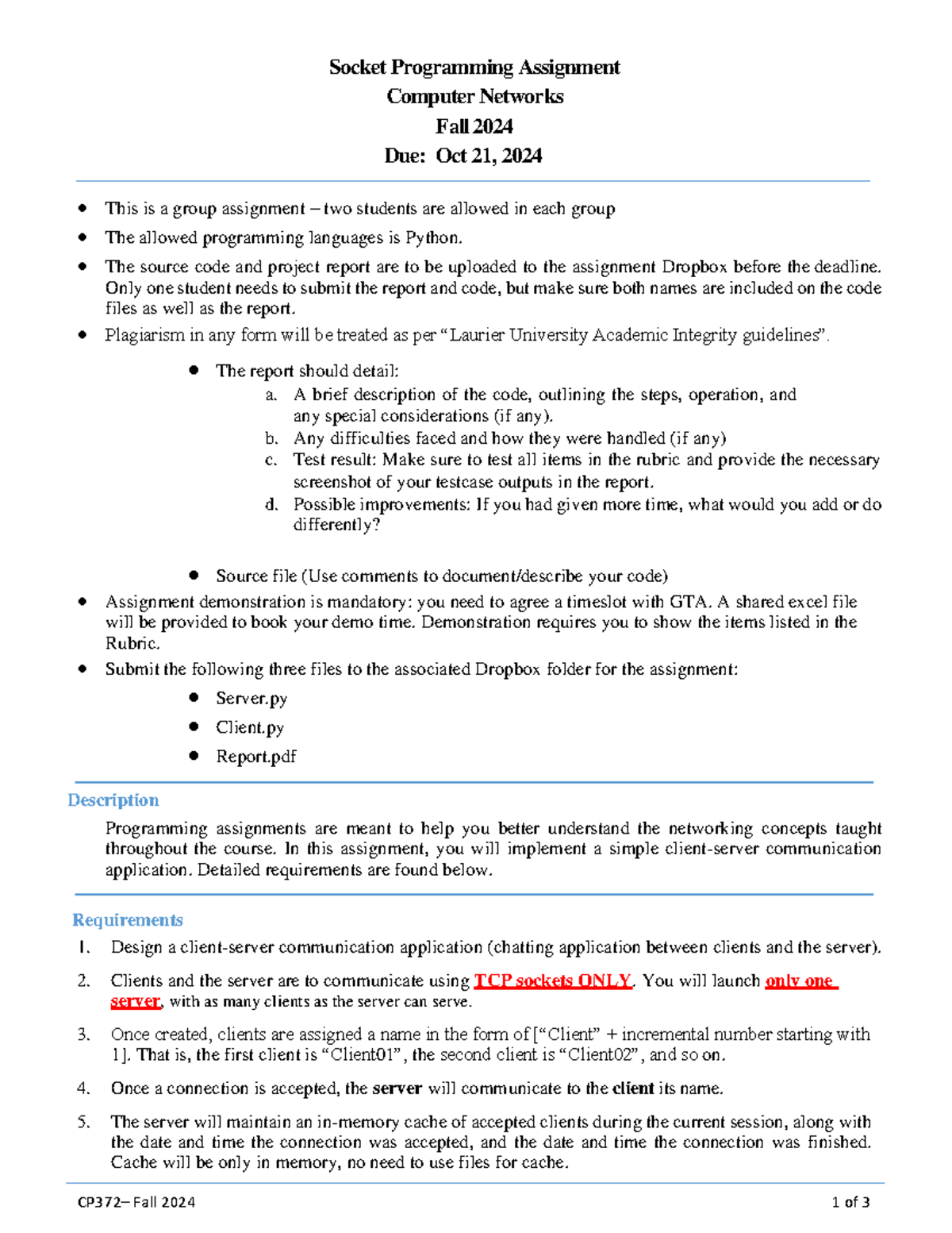 Assignment 1-Socket-programming-Fall-2024 - CP372– Fall 2024 1 of 3 Socket Programming ...