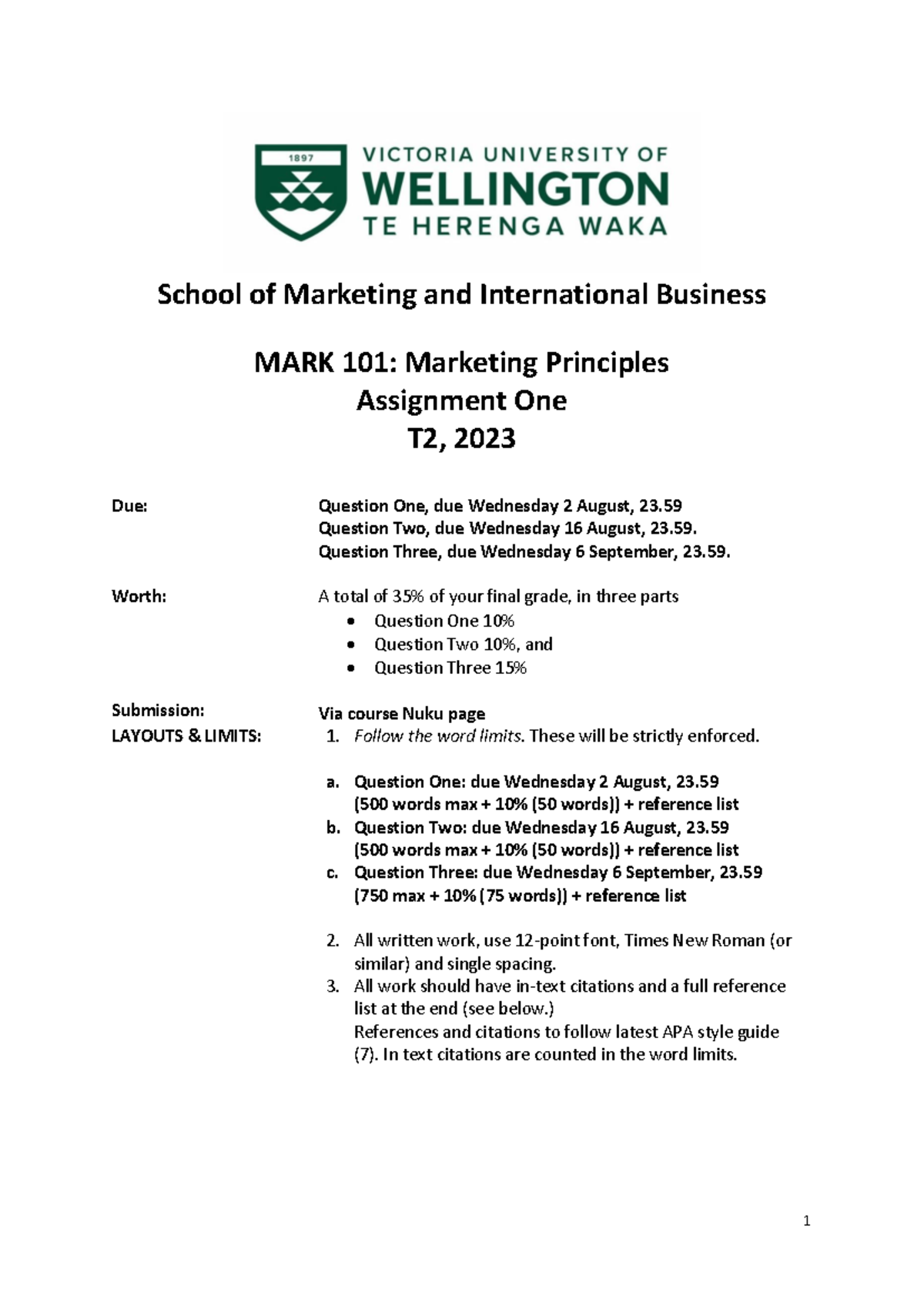 MARK101 Assignment One - School of Marketing and International Business ...