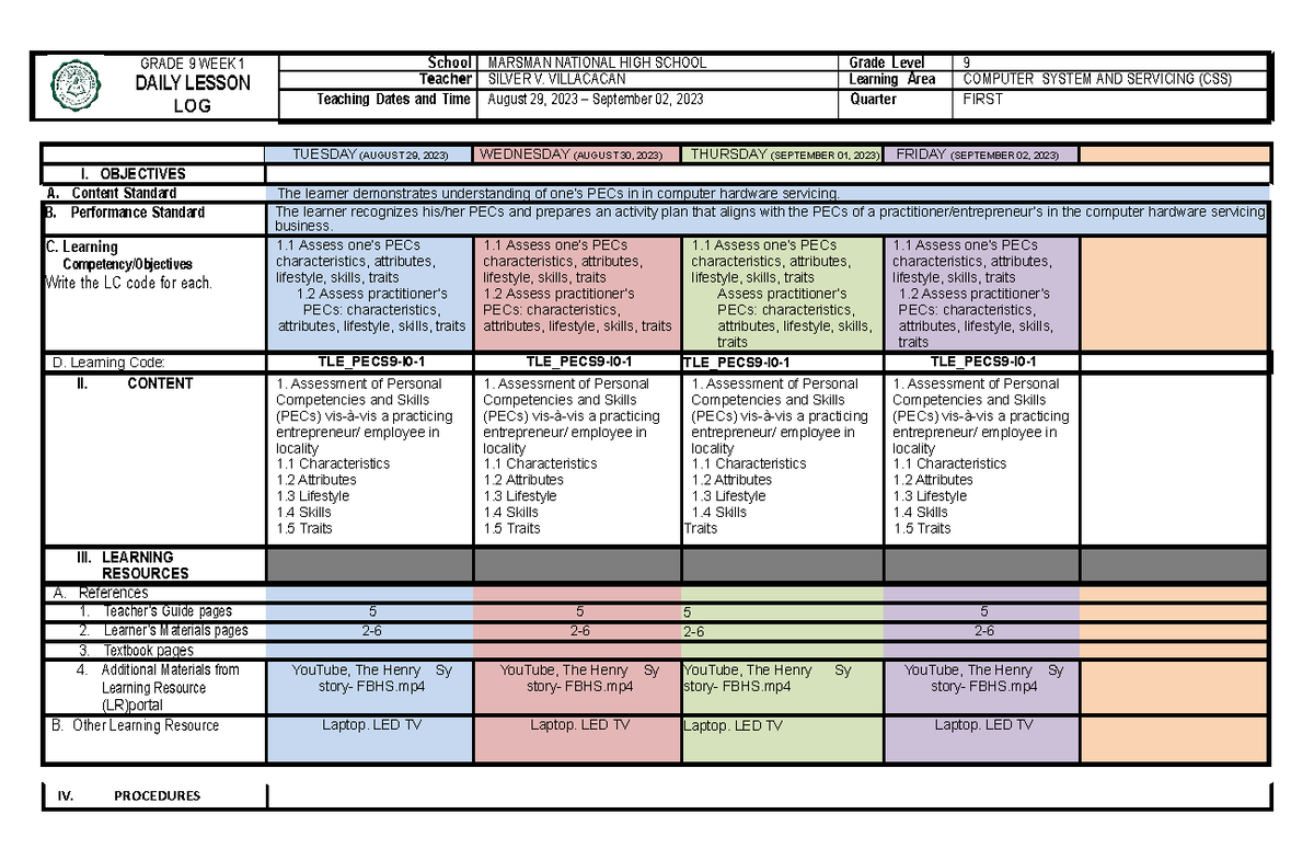 ICT 9 WEEK 1 Q1 - Daily Lesson Log - GRADE 9 WEEK 1 DAILY LESSON LOG ...