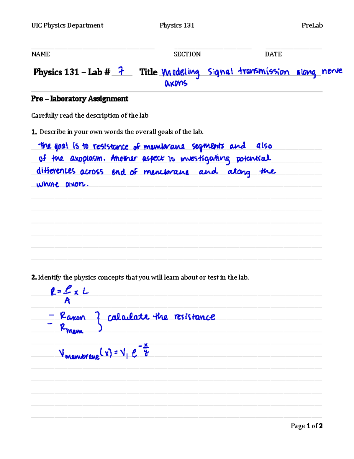 Lab 7- Modeling Signal Transmission Along Nerve Axons - UIC Physics ...