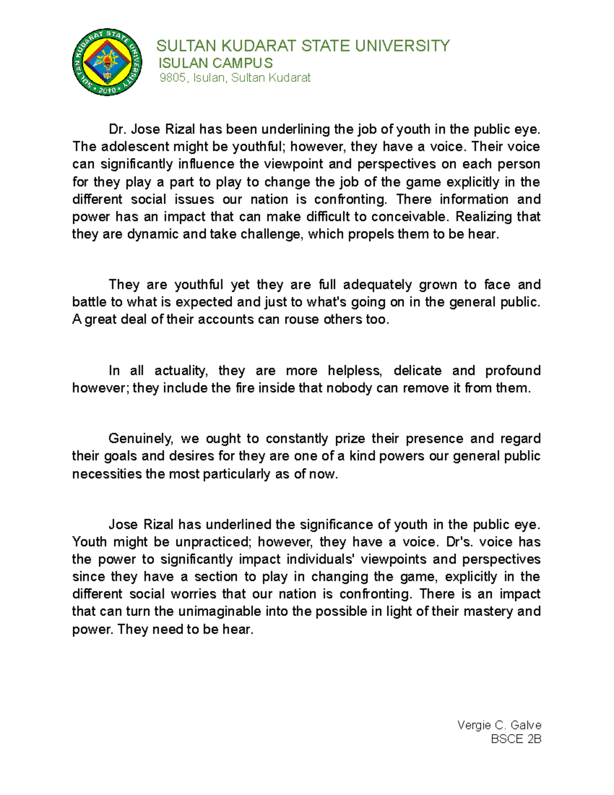 EL Felibusterismo reflection paper - SULTAN KUDARAT STATE UNIVERSITY ...
