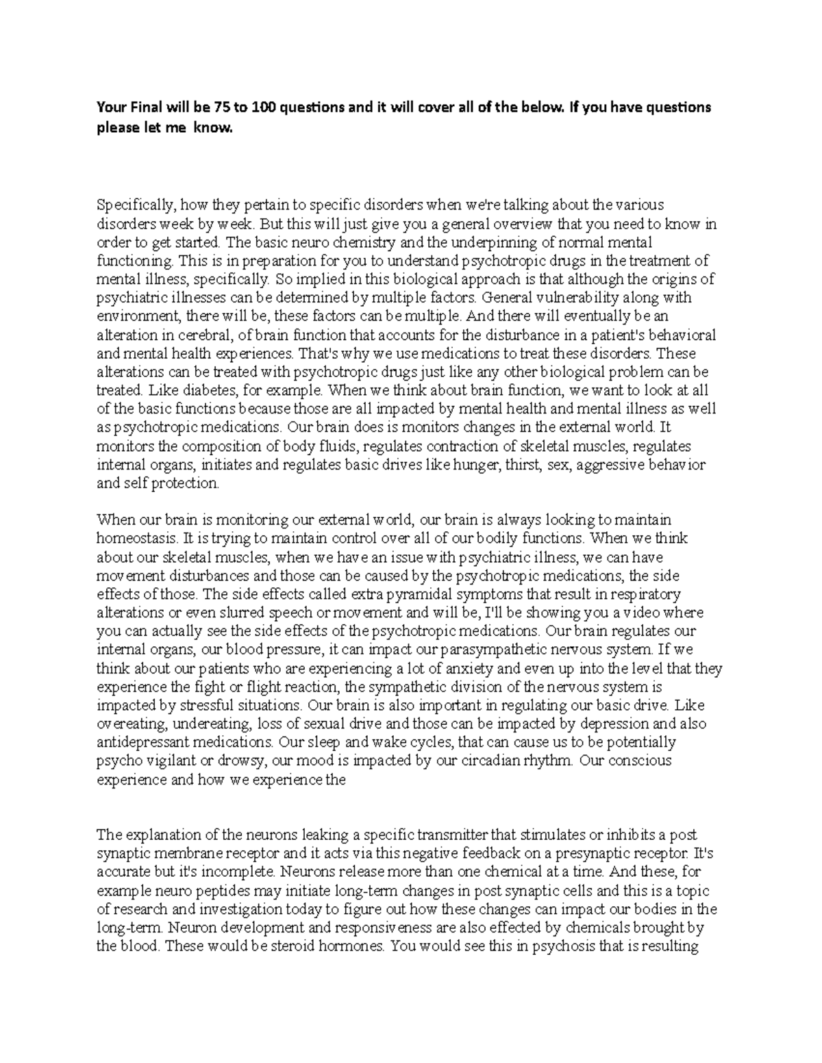 Final Exam Study Guide Mental Health - Your Final will be 75 to 100 ...
