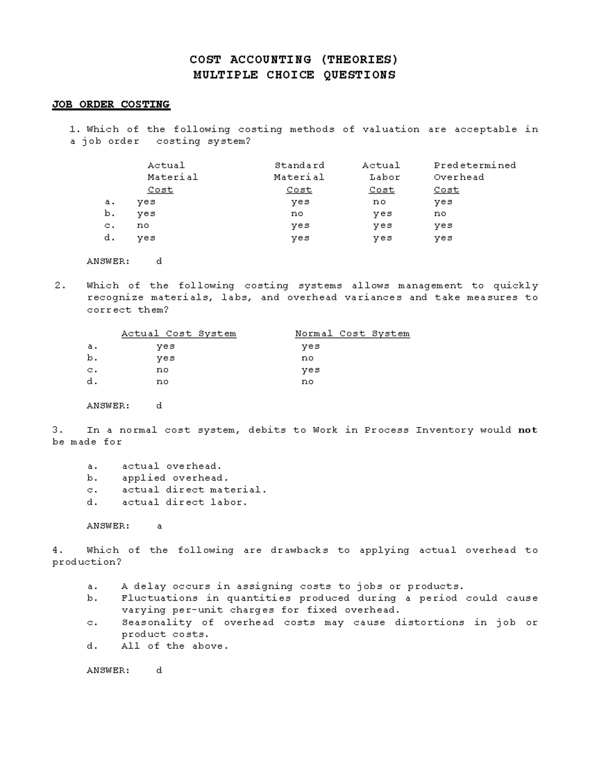 Sample/practice exam 2019, questions and answers - COST ACCOUNTING ...