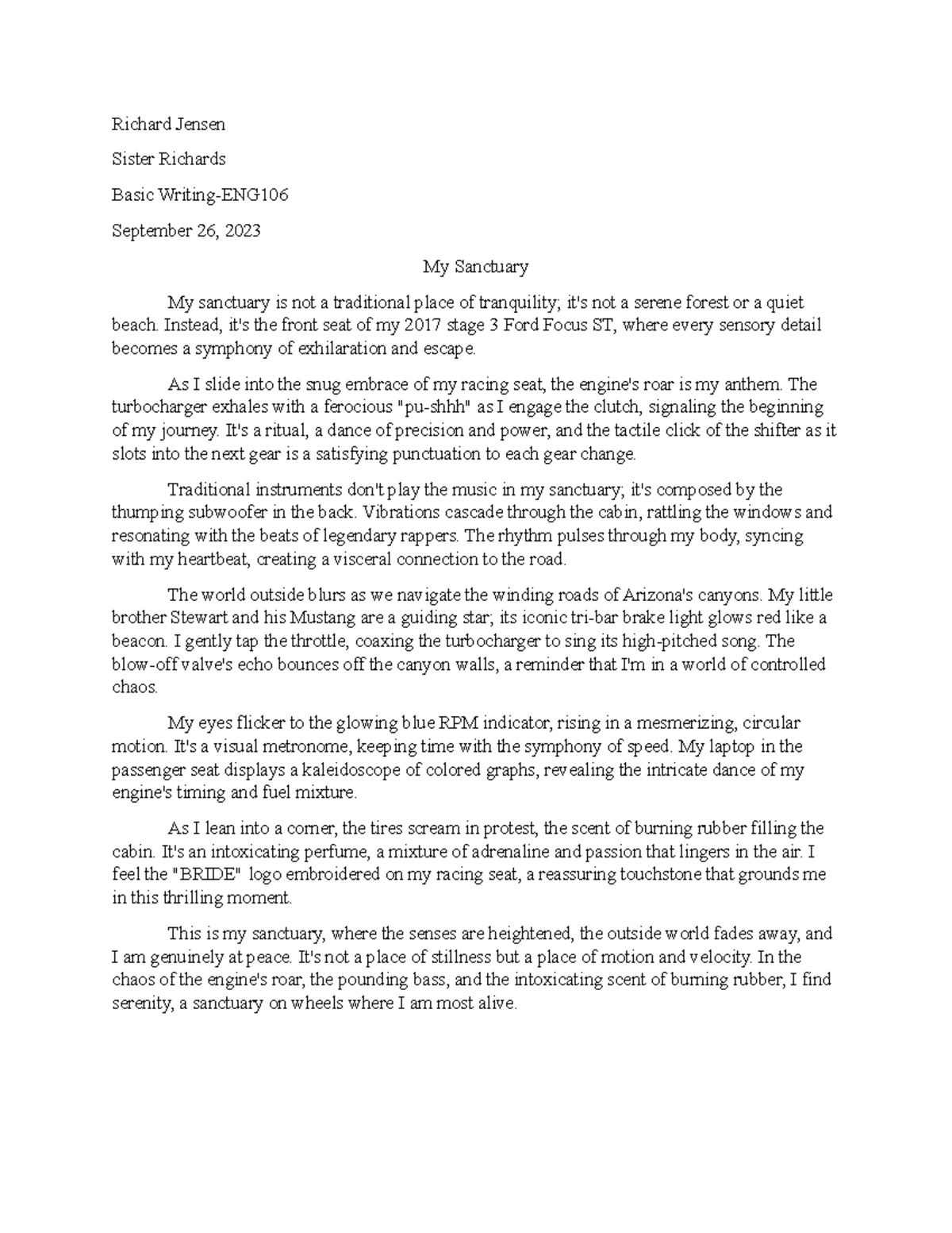 My Sanctuary Short Write - Richard Jensen Sister Richards Basic Writing ...