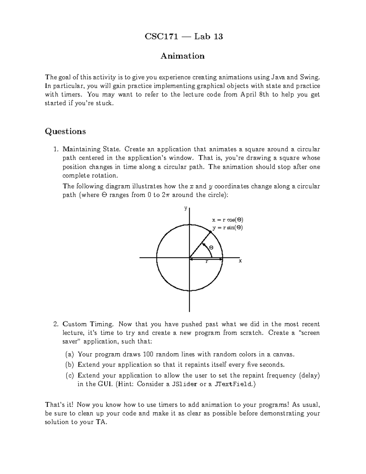 CSC171 Lab 13 - Adam Purtee - CSC171 — Lab 13 Animation The goal of ...