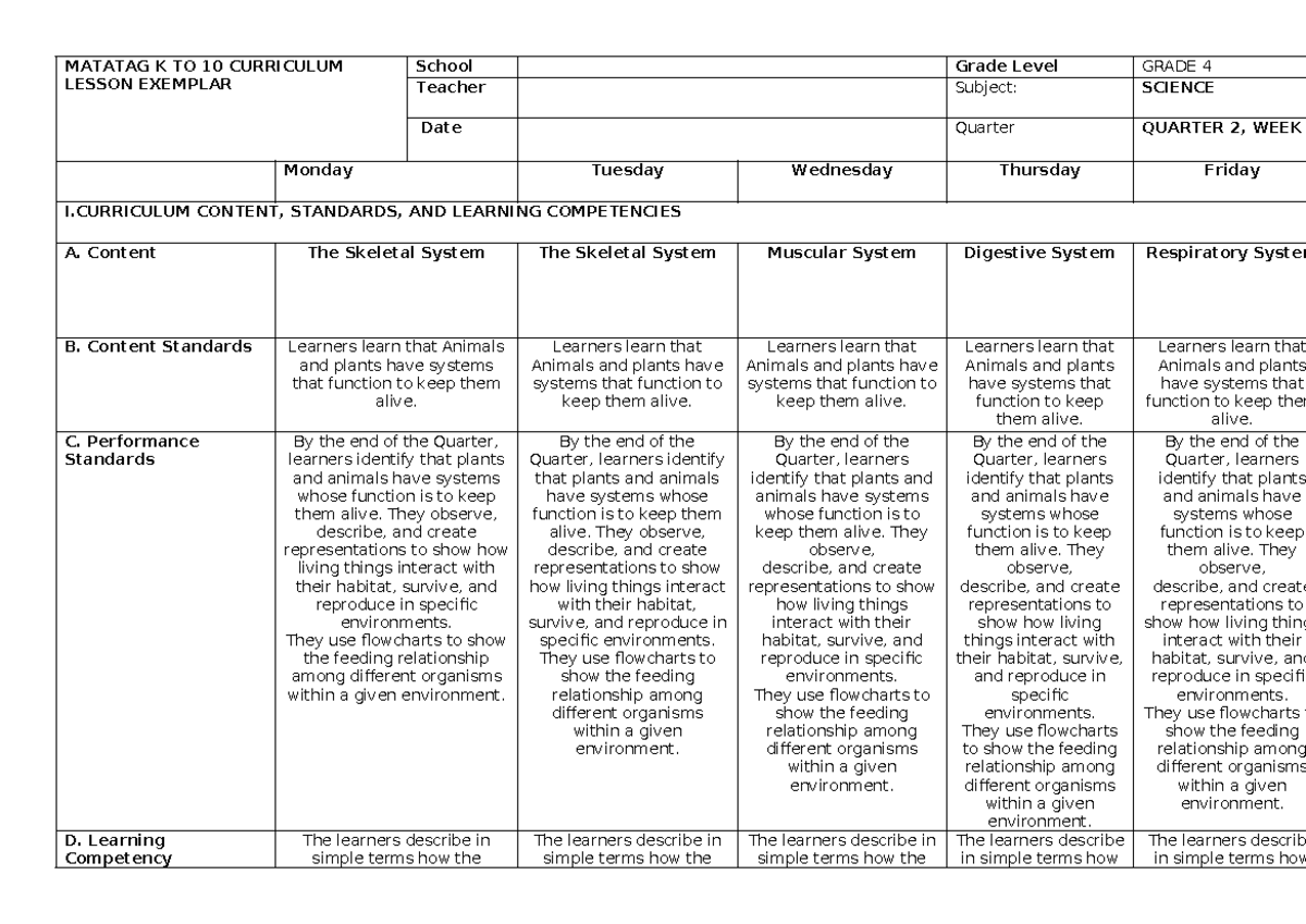 Grade 4 Q2W1 Matatag DLL Science - MATATAG K TO 10 CURRICULUM LESSON ...