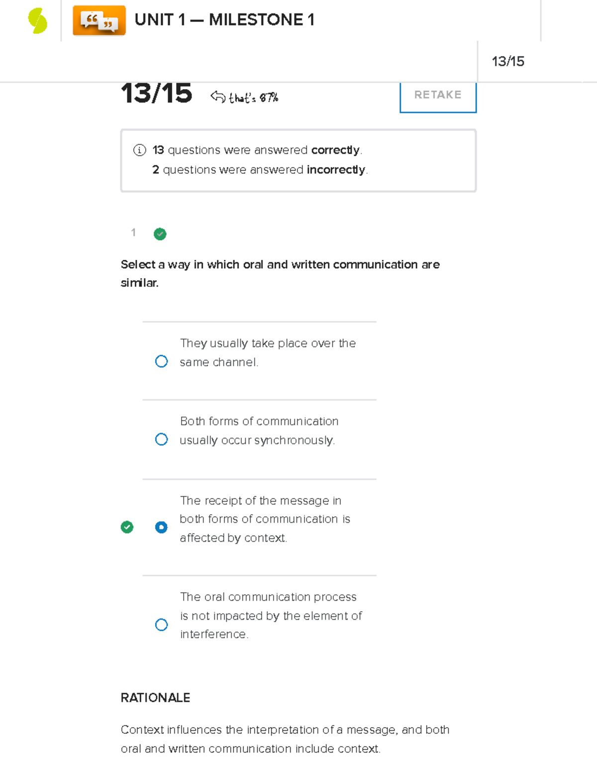 Unit 1 Touchstone - Unite 1 milestone exam - 1 13 / 15 that's 87% RETAKE 13 questions were - Studocu