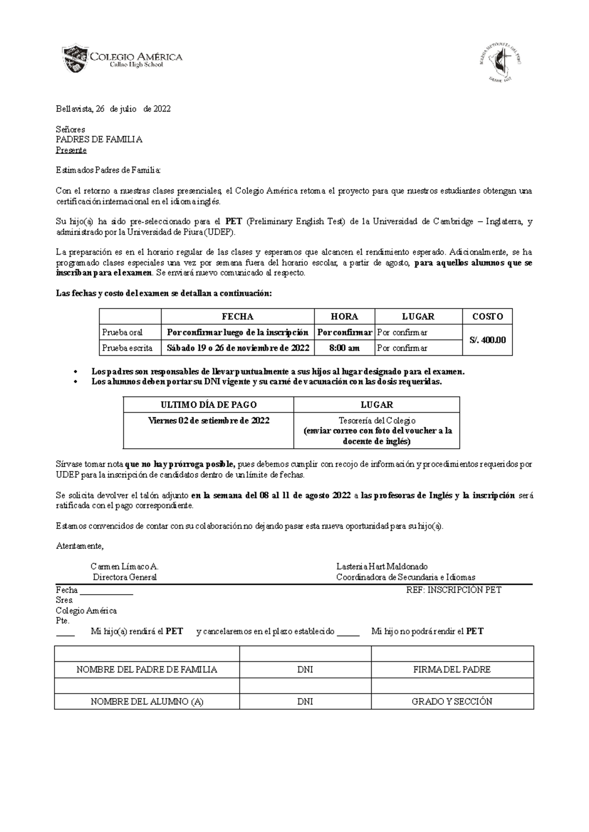 Carta inscripcion pet 2022 - Bellavista, 26 de julio de 2022 Señores ...