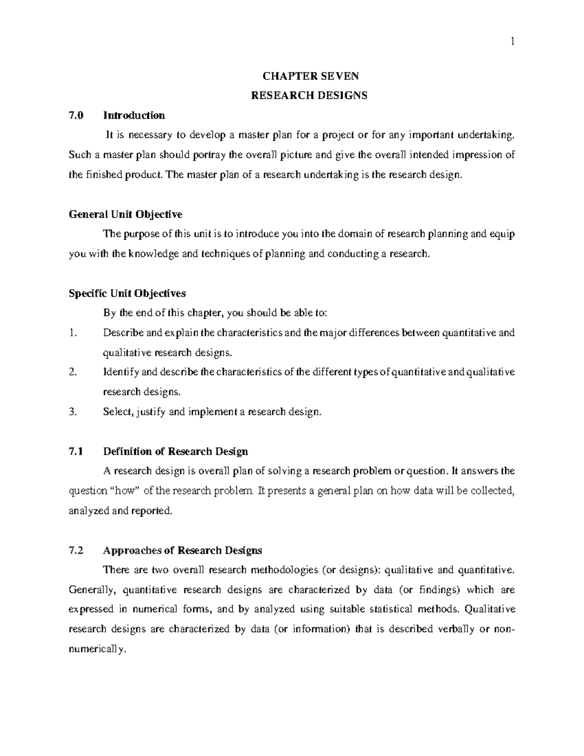 Chapter 07 Research - CHAPTER SEVEN RESEARCH DESIGNS 7 Introduction It ...