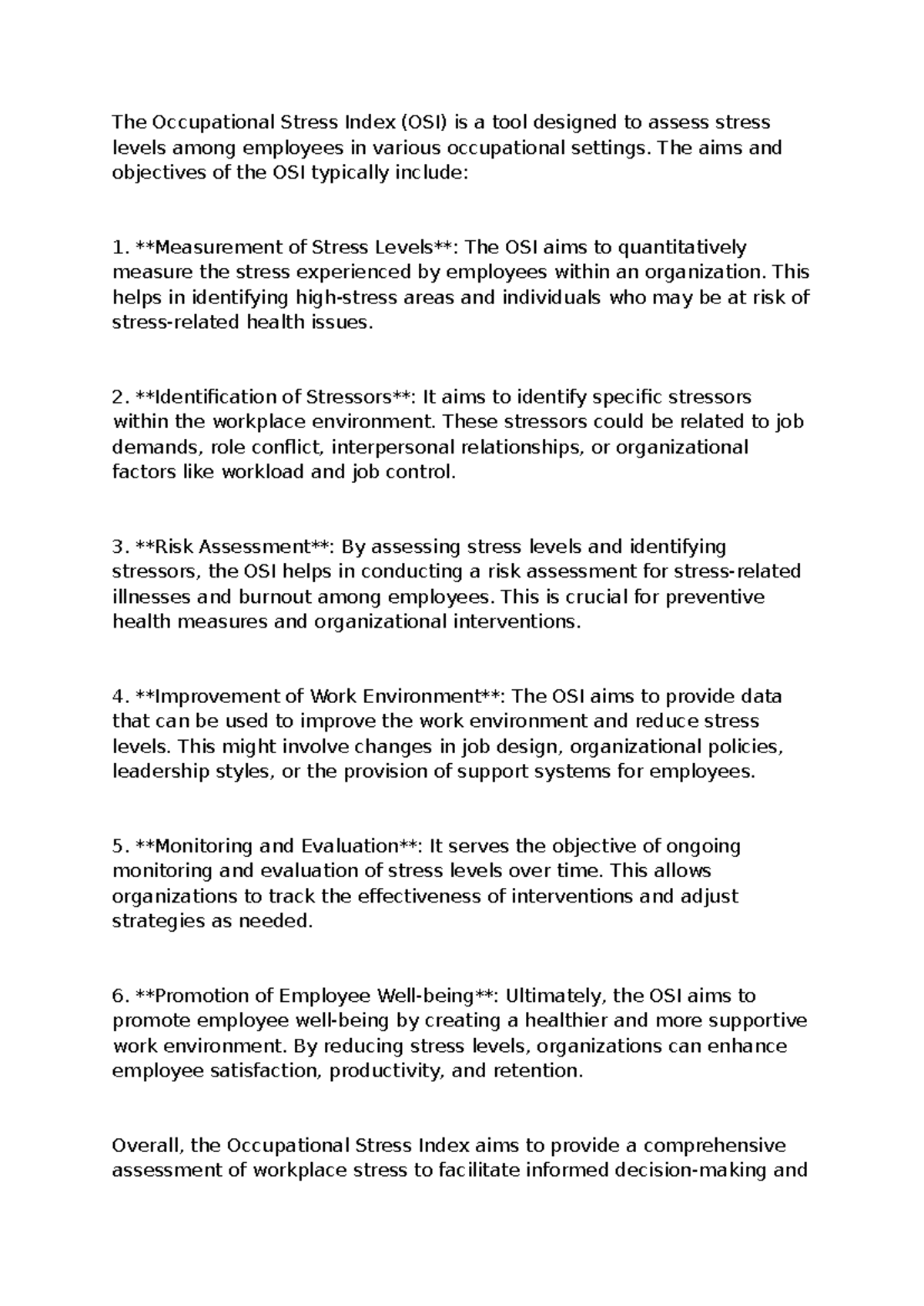 The Occupational Stress Index - The aims and objectives of the OSI ...