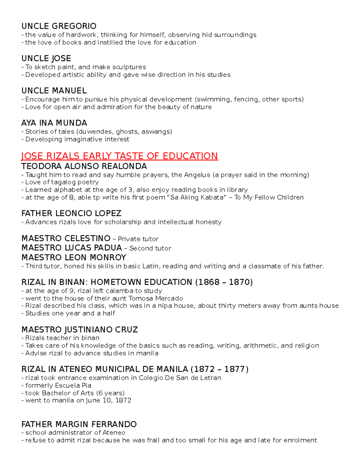 Rizals - notes - UNCLE GREGORIO - the value of hardwork, thinking for ...