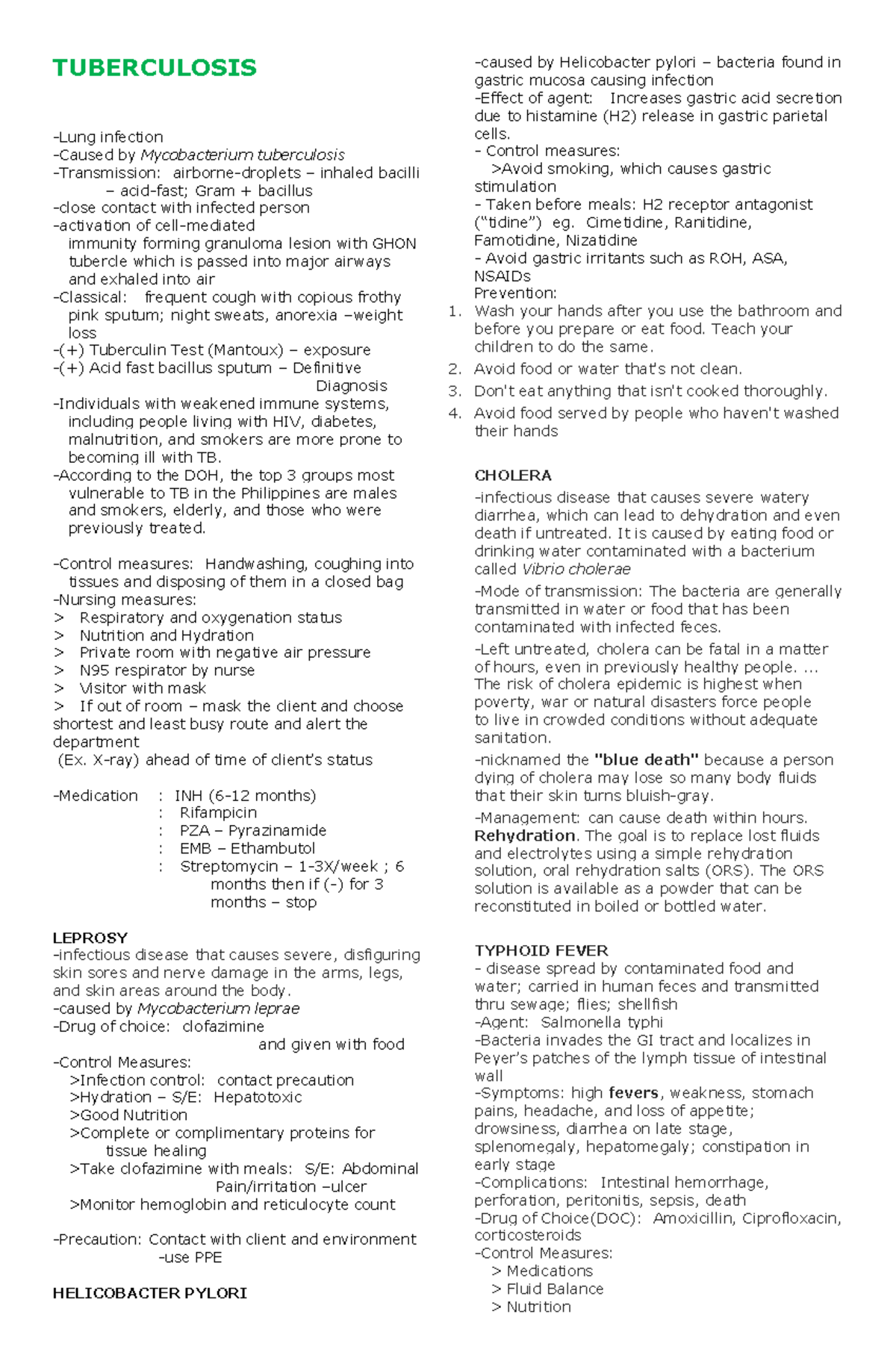 Tuberculosis - NUrsing Note - TUBERCULOSIS -Lung infection -Caused by ...