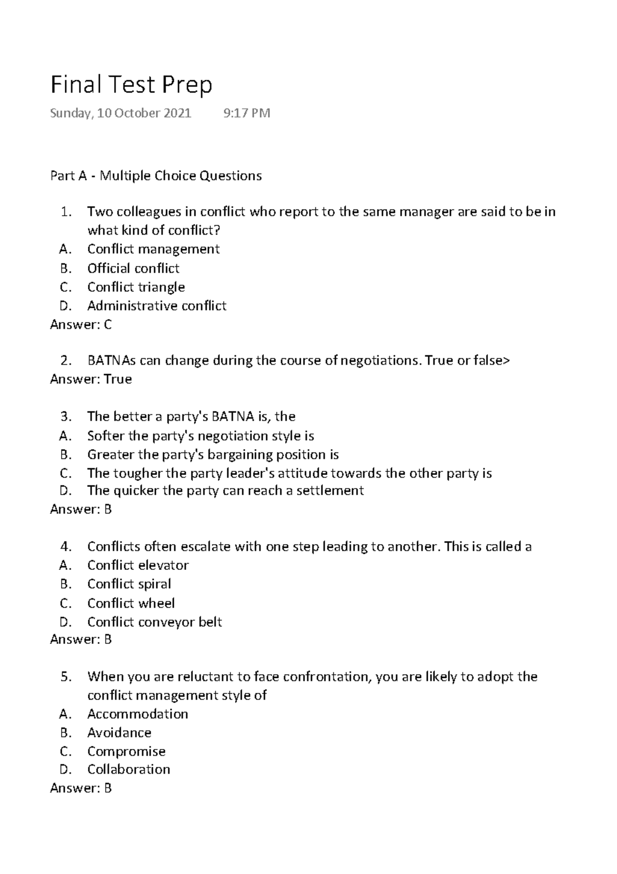 Final test prep - Part A - Multiple Choice Questions Two colleagues in ...