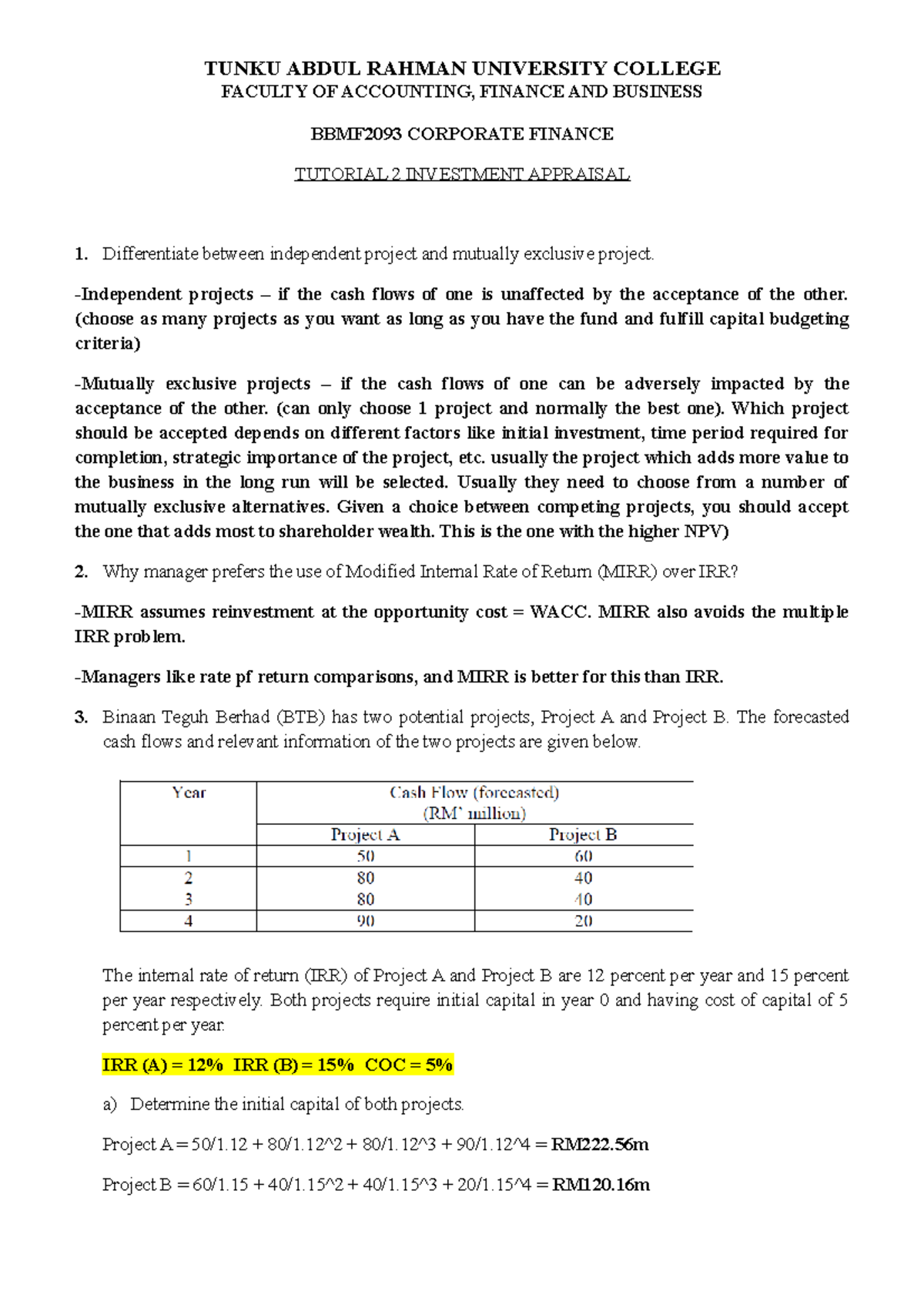 Tutorial 2 Questions - completed answer - Corporate Finance - UUM - Studocu