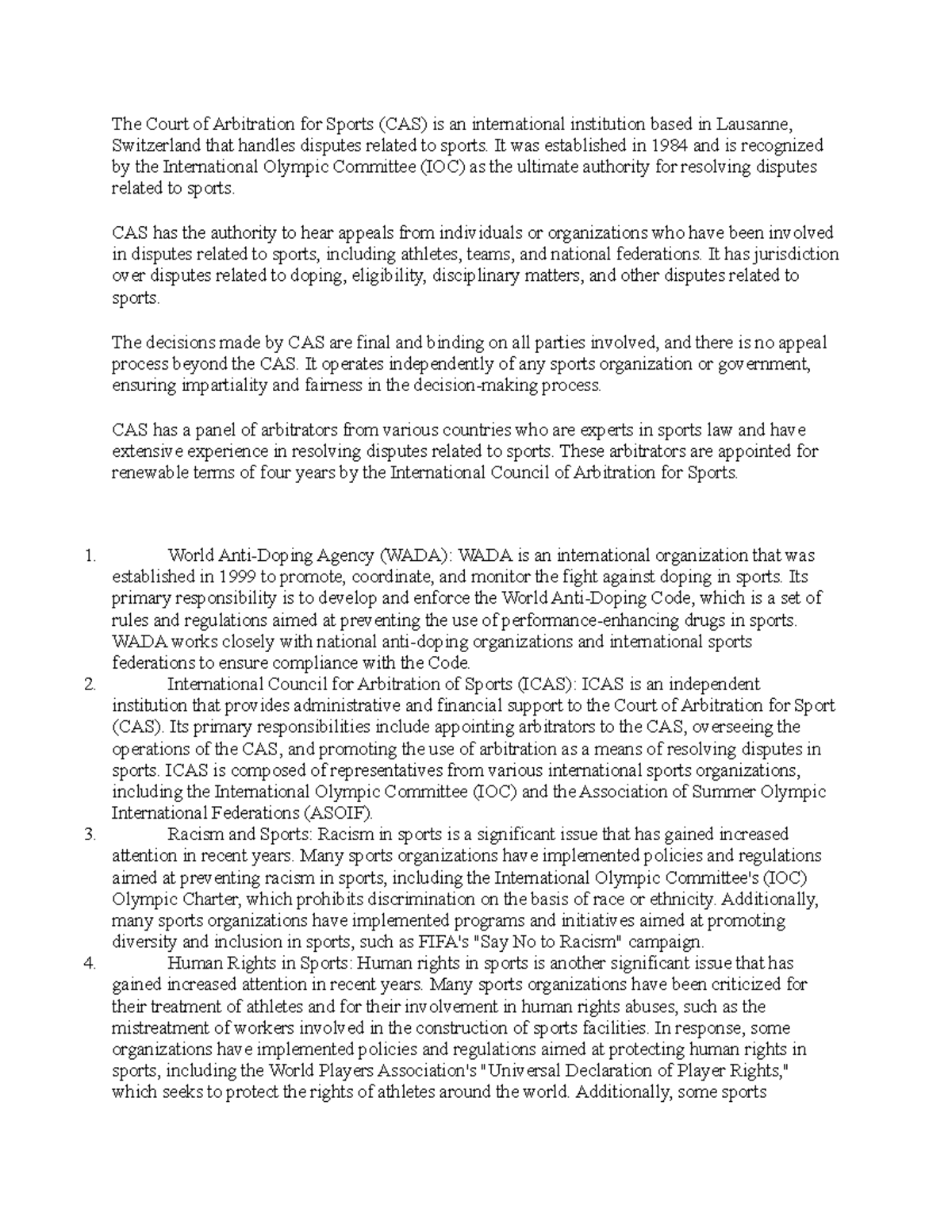 Sports Regulations - notes - The Court of Arbitration for Sports (CAS ...