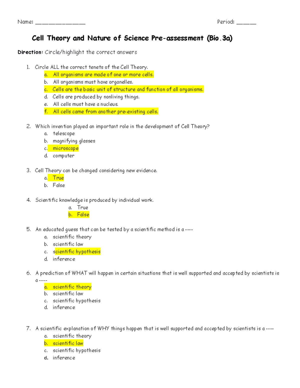 Cell Theory and Nature of Science Pre assessment - Name ...