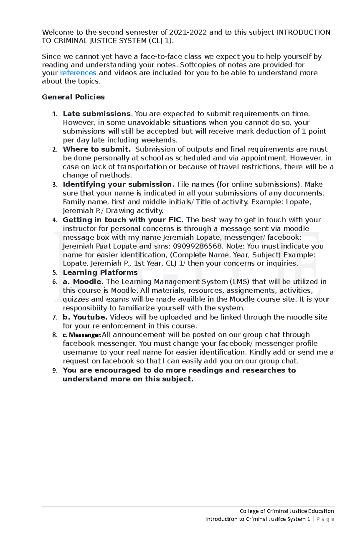 CLJ 1 Module PRE LIM - read - Welcome to the second semester of 2021 ...