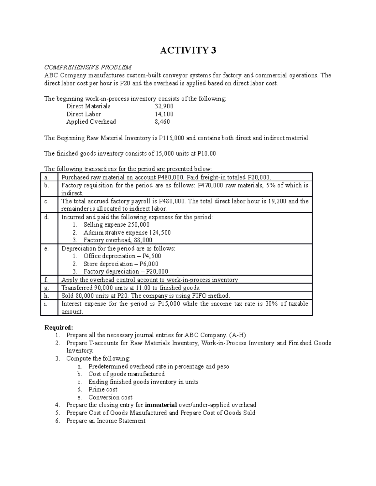 Activity 3 Cost Accounting - ACTIVITY 3 COMPREHENSIVE PROBLEM ABC ...