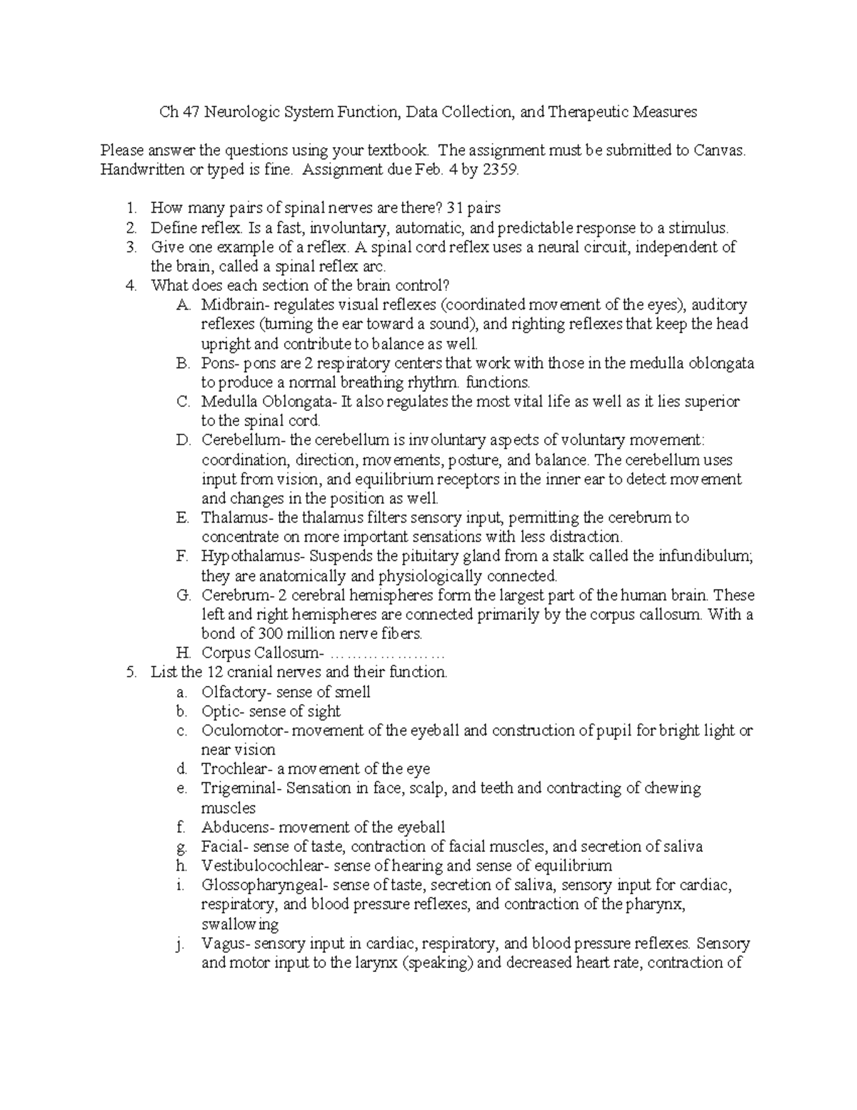 Ch 47 Neurologic System Function Assignment - Ch 47 Neurologic System Function, Data Collection ...