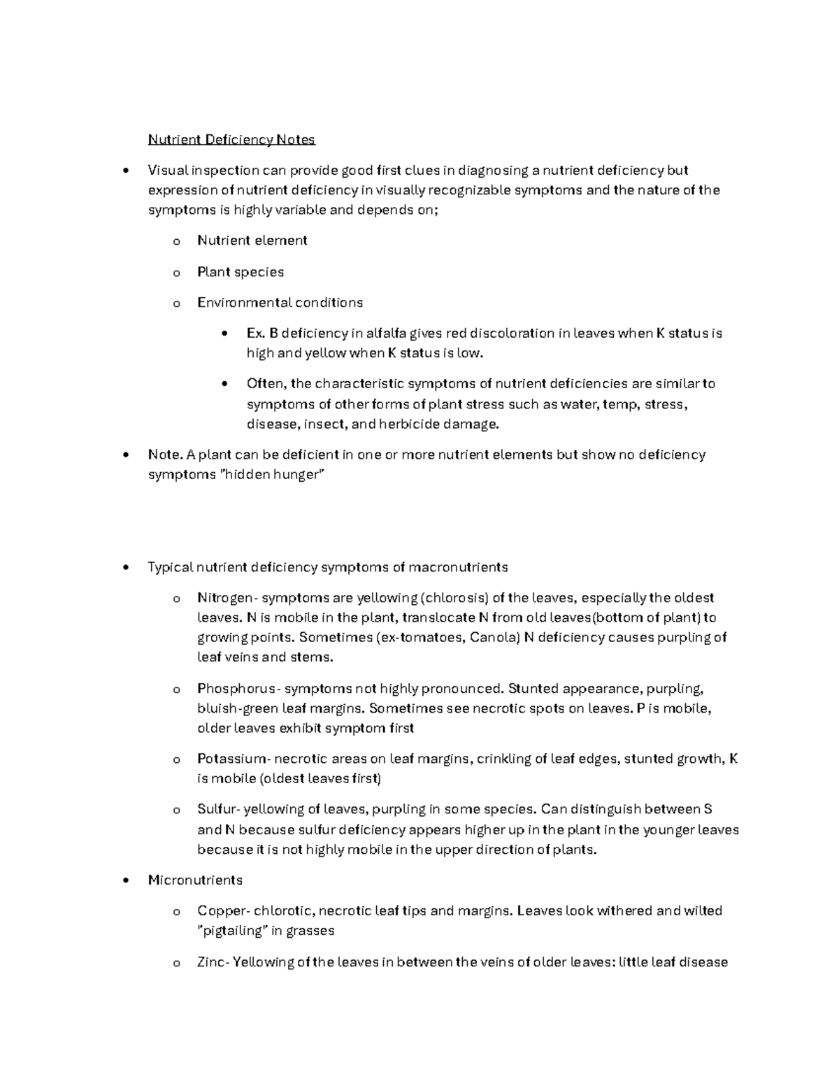 Lecture 4 - Nutrient deficiency notes - Nutrient Deficiency Notes ...