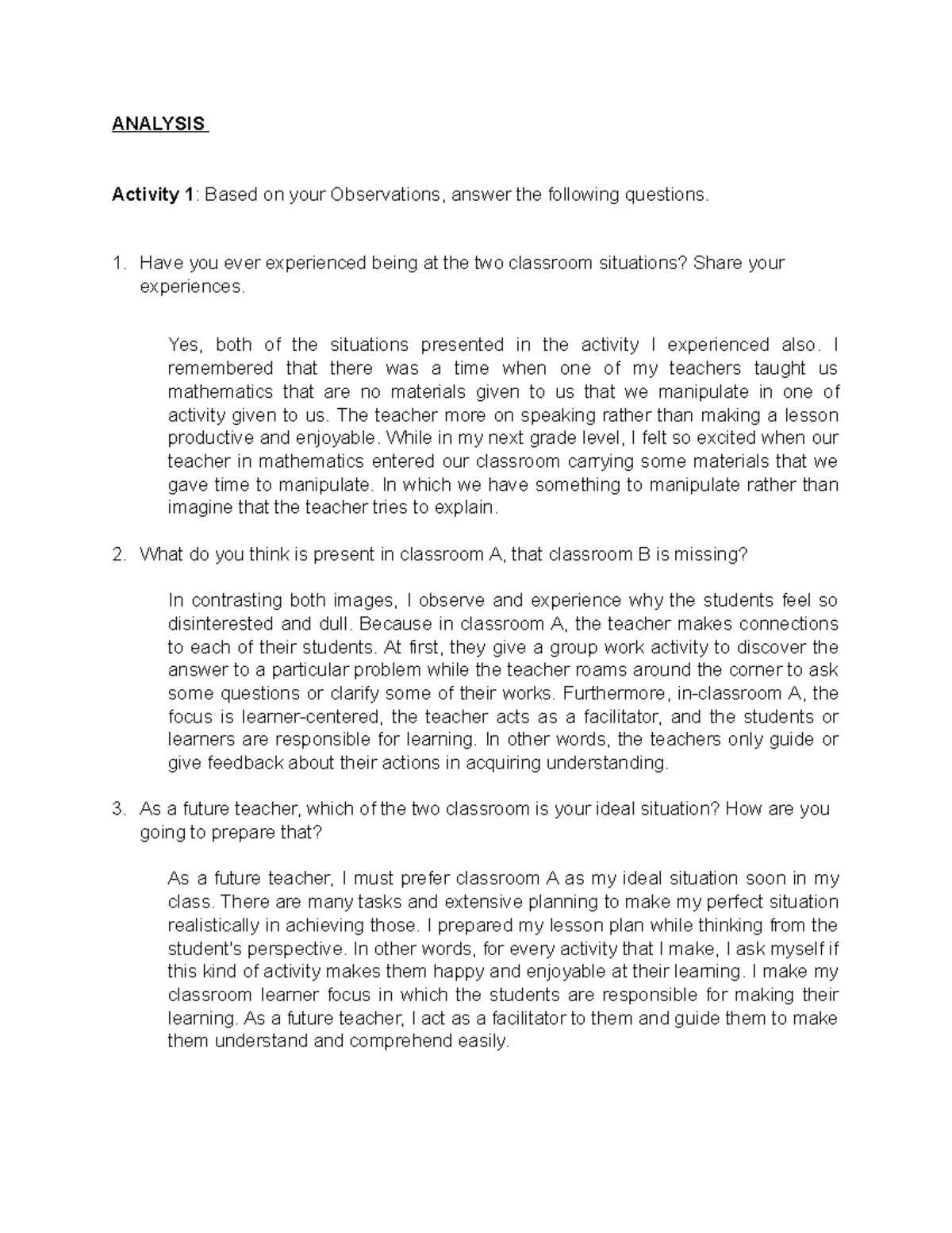 Classroom Management - ANALYSIS Activity 1 : Based on your Observations ...
