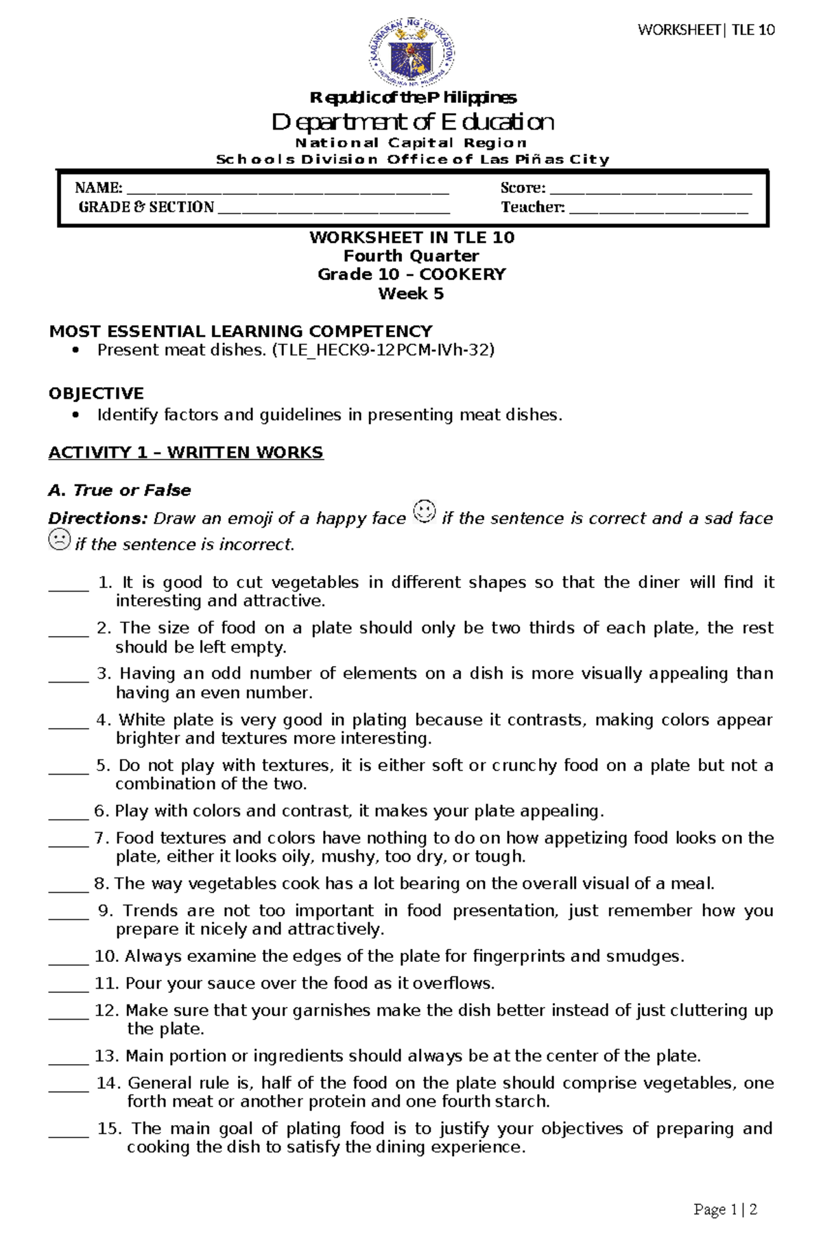 WEEK5 10 Cookeryworksheets Validated - WORKSHEET| TLE 10 WORKSHEET IN ...