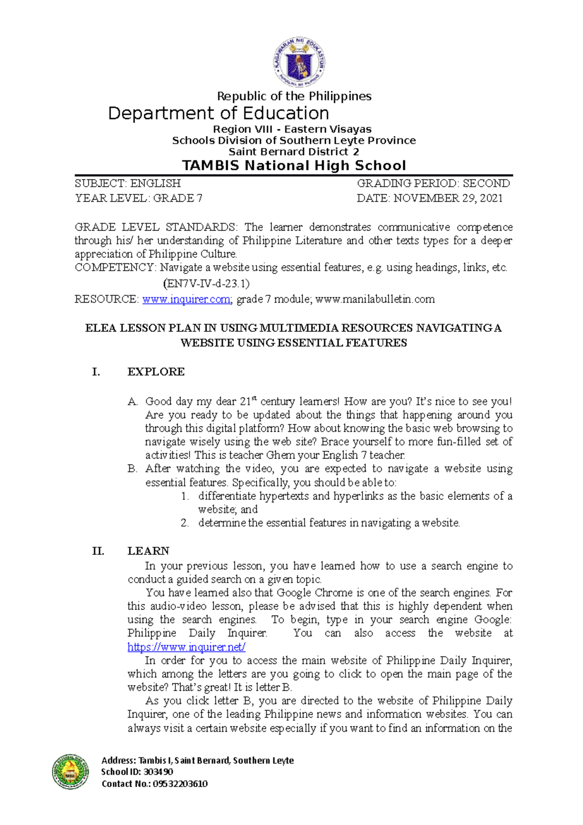 ELEA Lesson COT Q2 EN7 - For FYI - Department of Education Region VIII ...