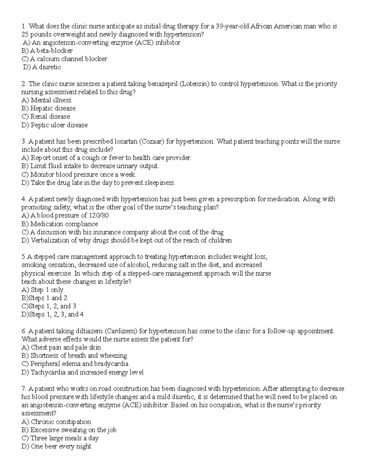Pharm test practice HTN Drugs - 1. What does the clinic nurse ...