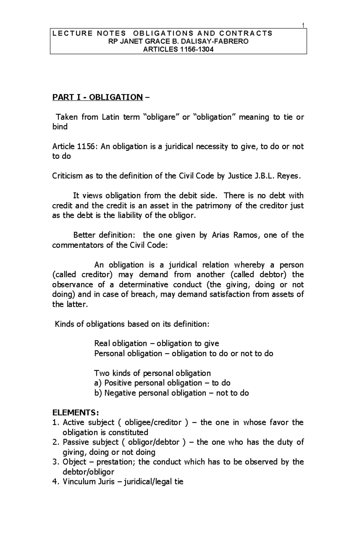 LAW 201 Oblicon Lecture Notes - LECTURE NOTES OBLIGATIONS AND CONTRACTS ...