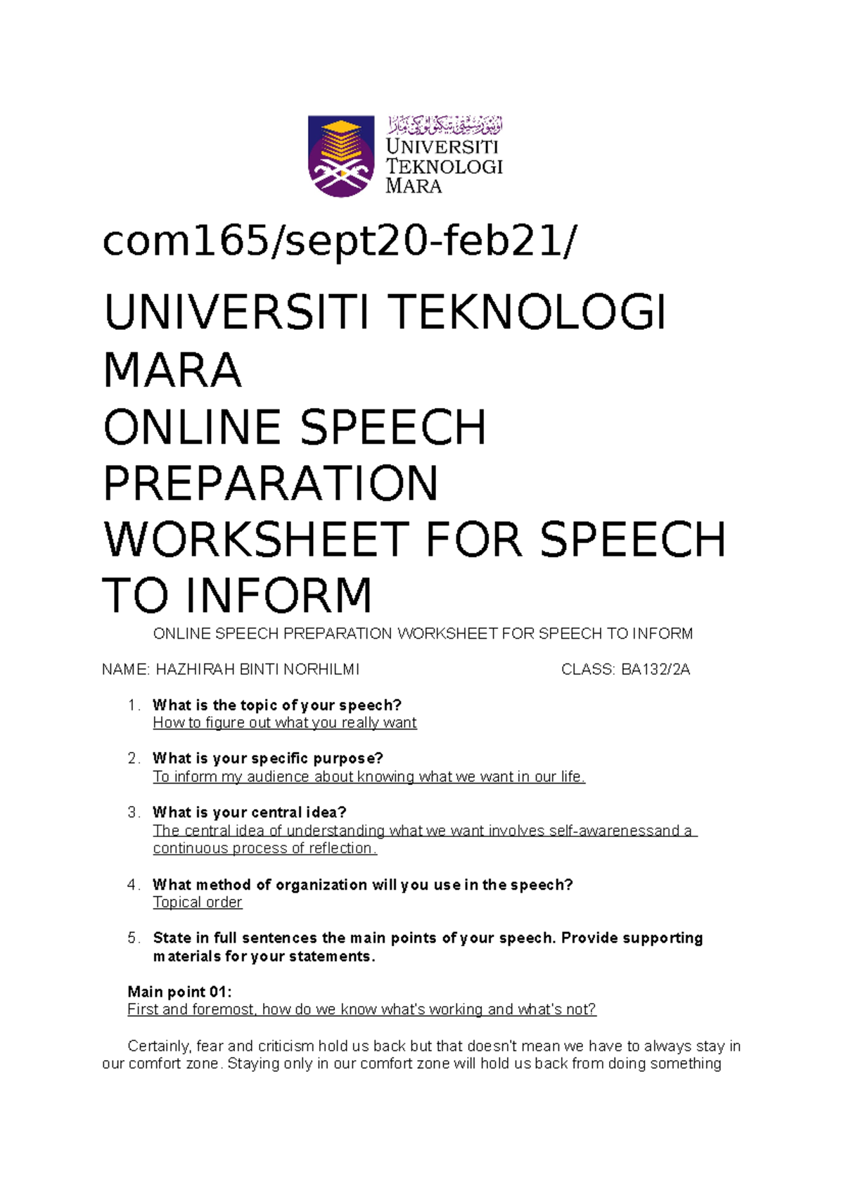 Com informal speech - com165/sept20-feb21/ UNIVERSITI TEKNOLOGI MARA ONLINE SPEECH PREPARATION ...