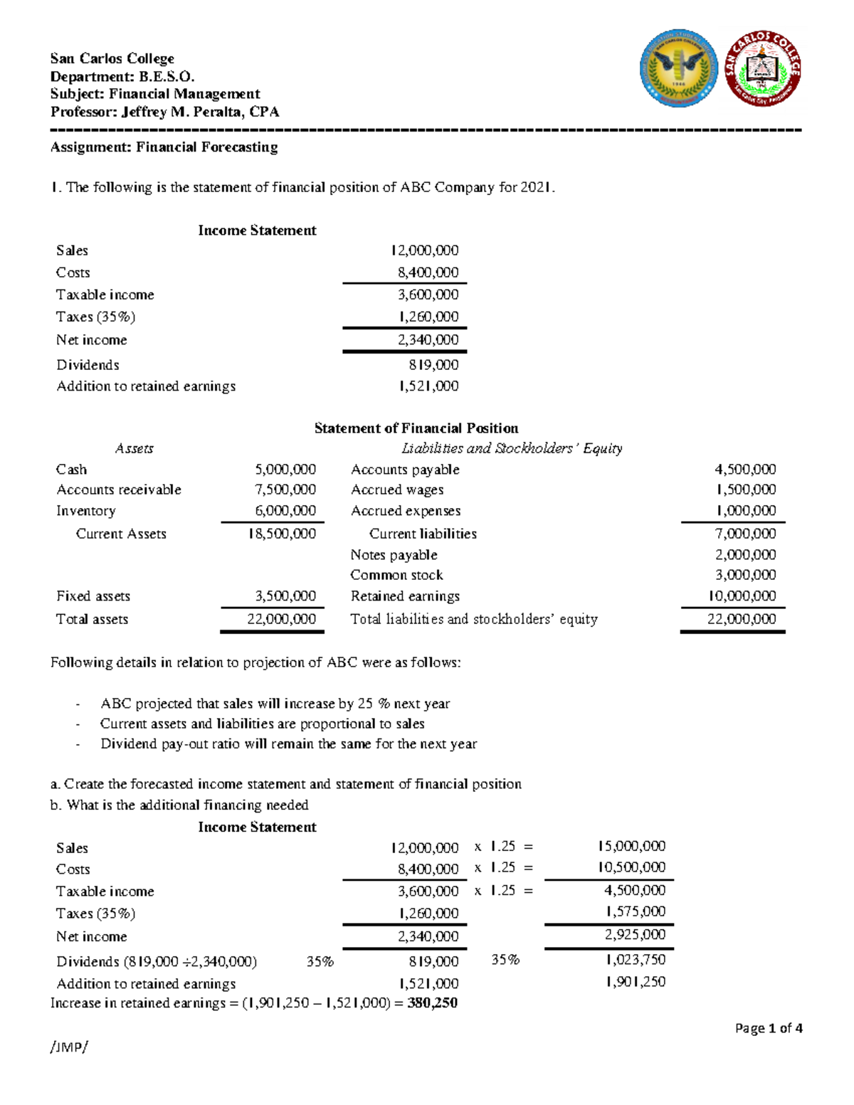 Assignment 1 Financial Forecasting Key Answer - Subject: Financial ...