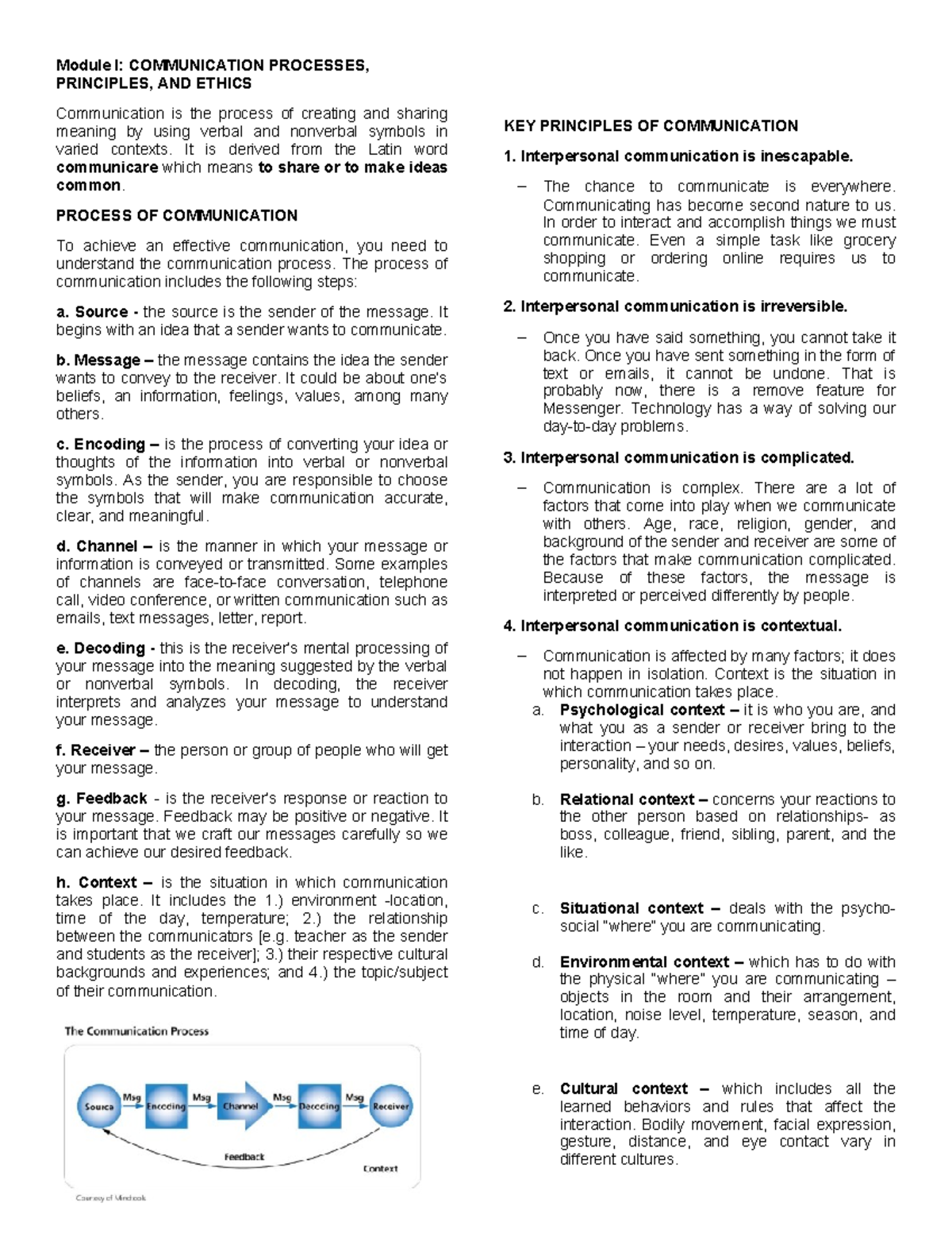 Purcomm Notes - Module I: COMMUNICATION PROCESSES, PRINCIPLES, AND ...