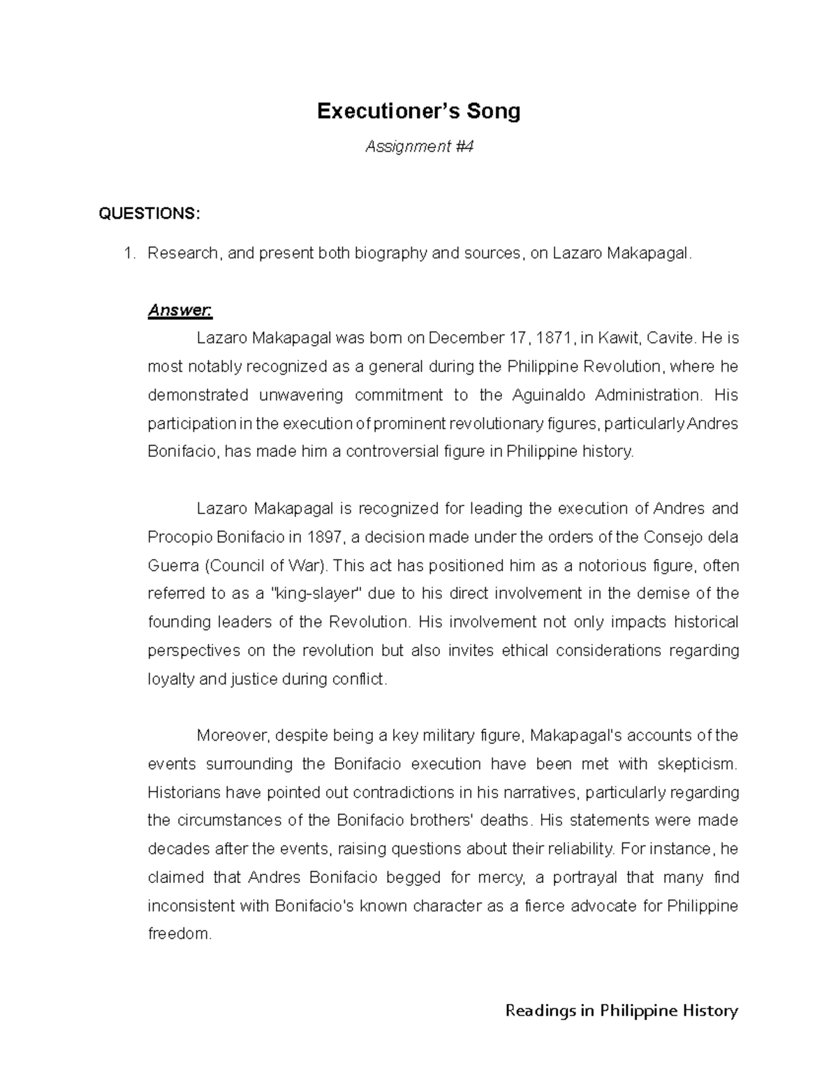Readings in Philippine History Assignment#1 - Executioner’s Song ...
