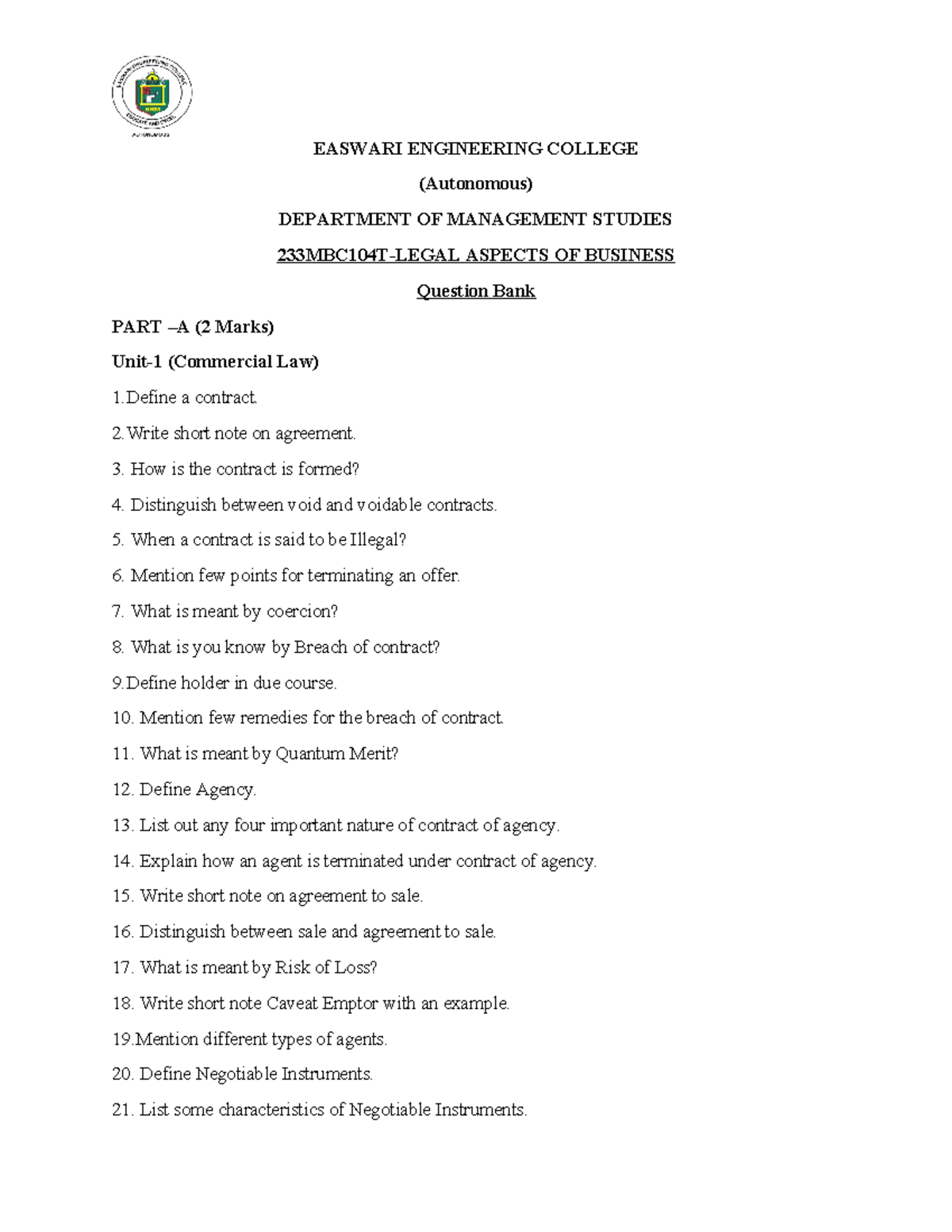 LAB unit questions - Question Bank - EASWARI ENGINEERING COLLEGE (Autonomous) DEPARTMENT OF ...