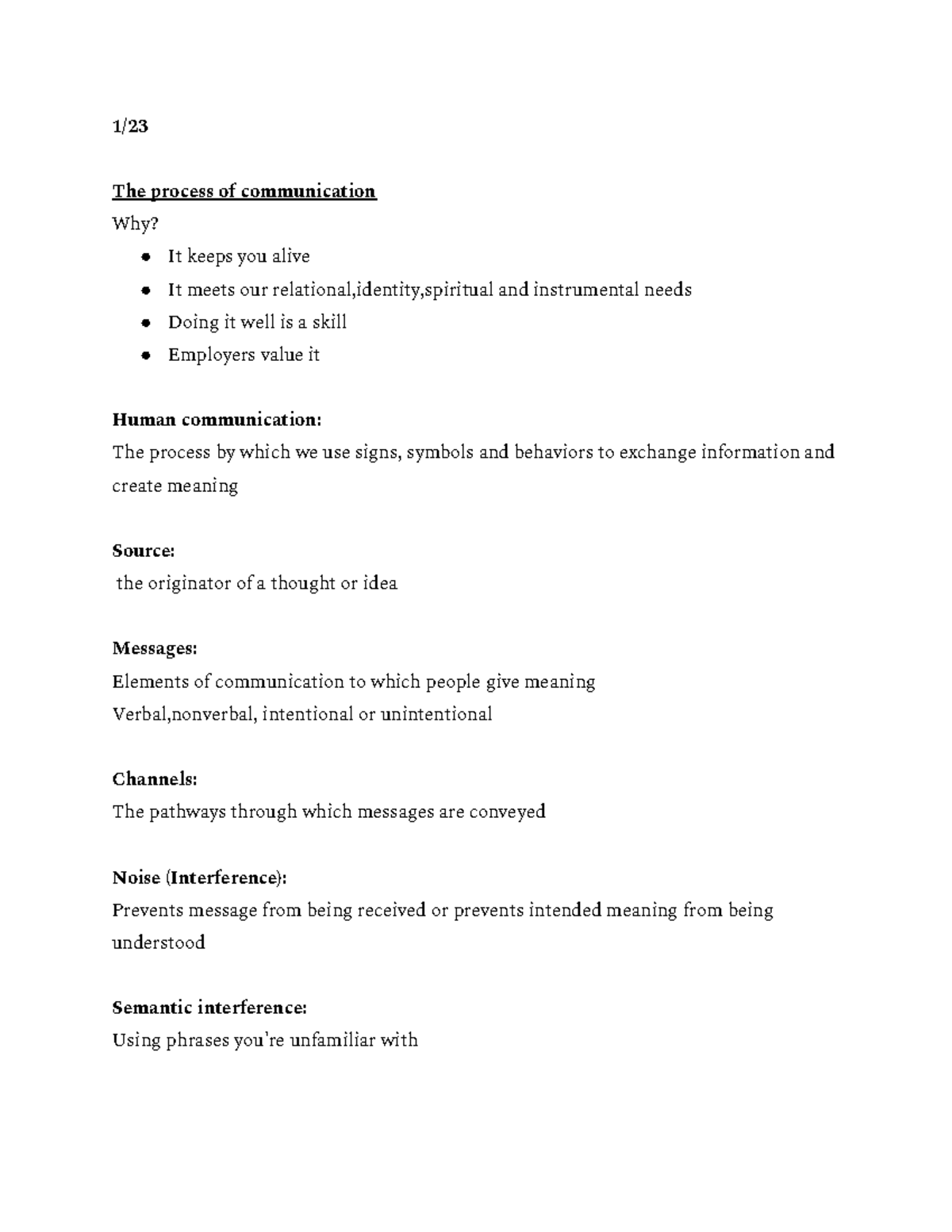 Comm Notes - stifano comm 1000 - 1/ The process of communication Why ...