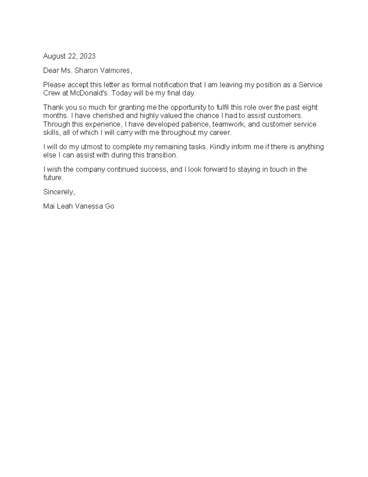 RL - aaaaaaaaaaaaa - August 22, 2023 Dear Ms. Sharon Valmores, Please accept this letter as ...