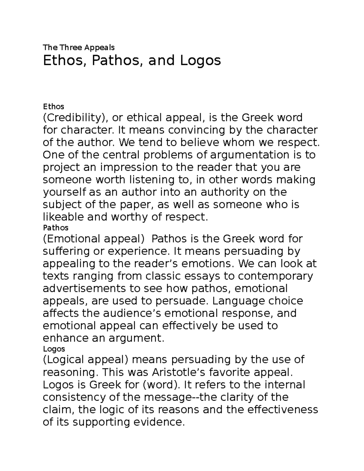 The Three Appeals - lecture notes - The Three Appeals Ethos, Pathos ...