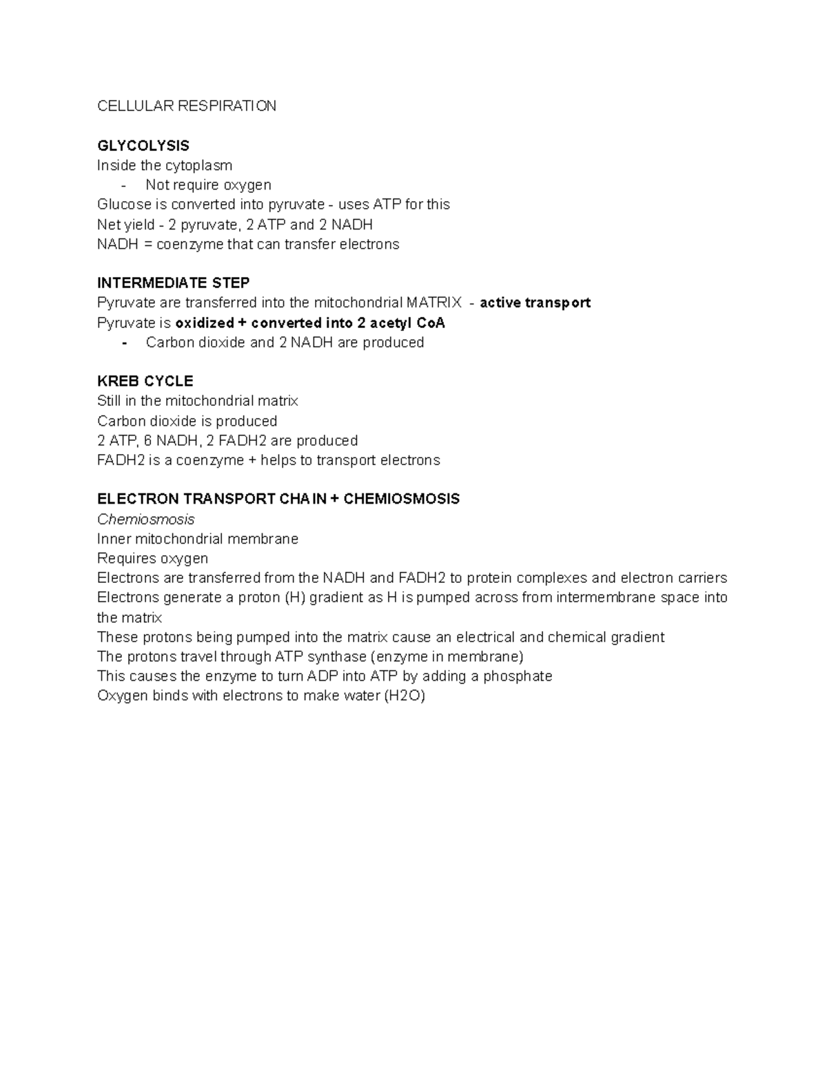 Cellular Respiration - short notes - CELLULAR RESPIRATION GLYCOLYSIS ...
