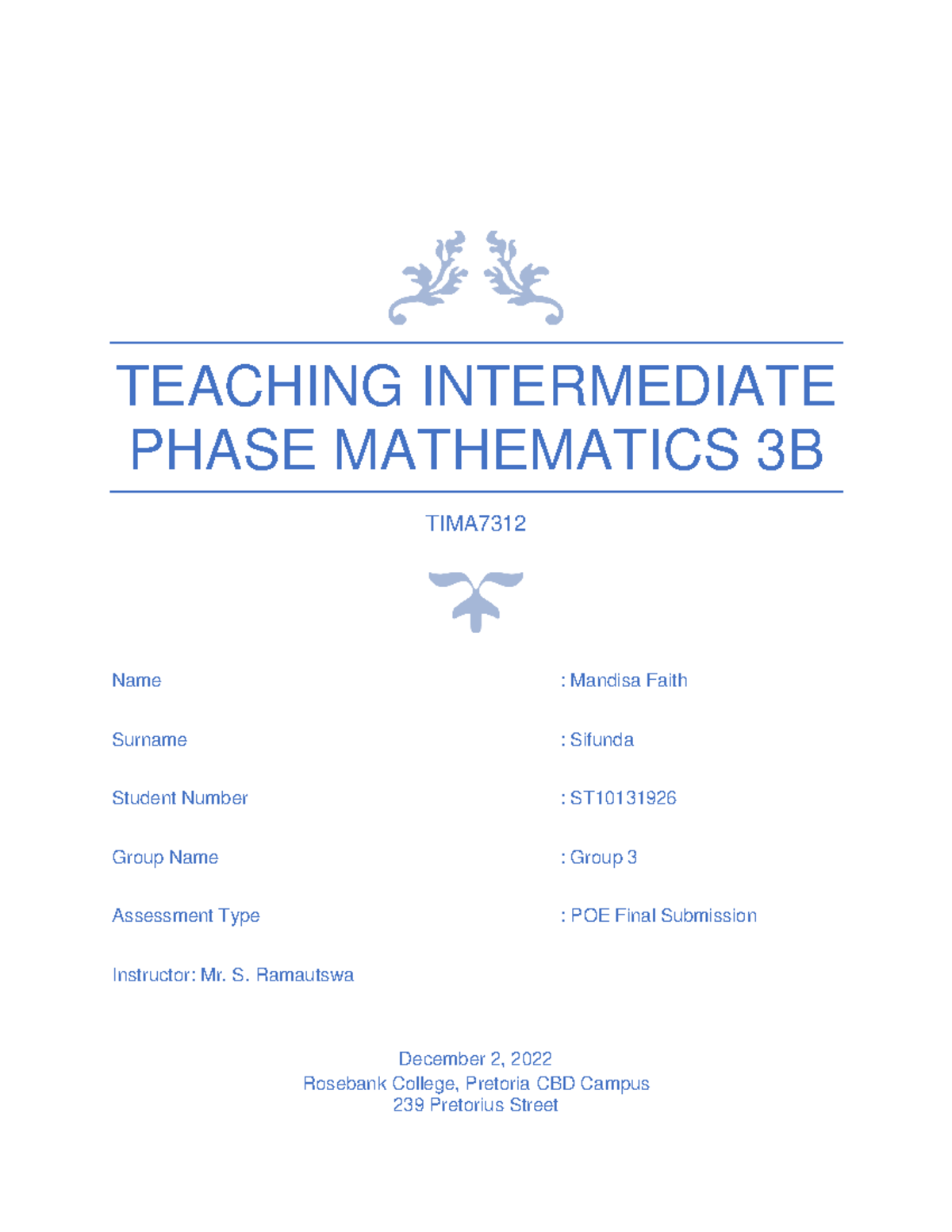 TIMA7312 POE Final Submission Teaching Intermediate Phase Mathematics ...
