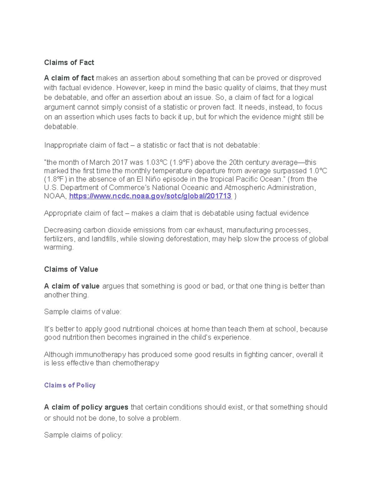 Types of Claims - Claims of Fact A claim of fact makes an assertion ...