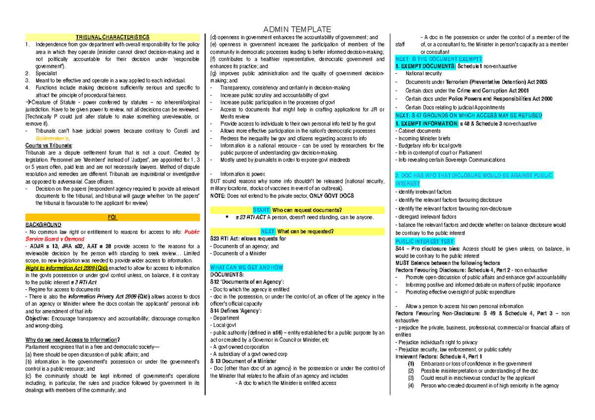 Admin Law Template - TRIBUNAL CHARACTERISTICS Independence from gov ...