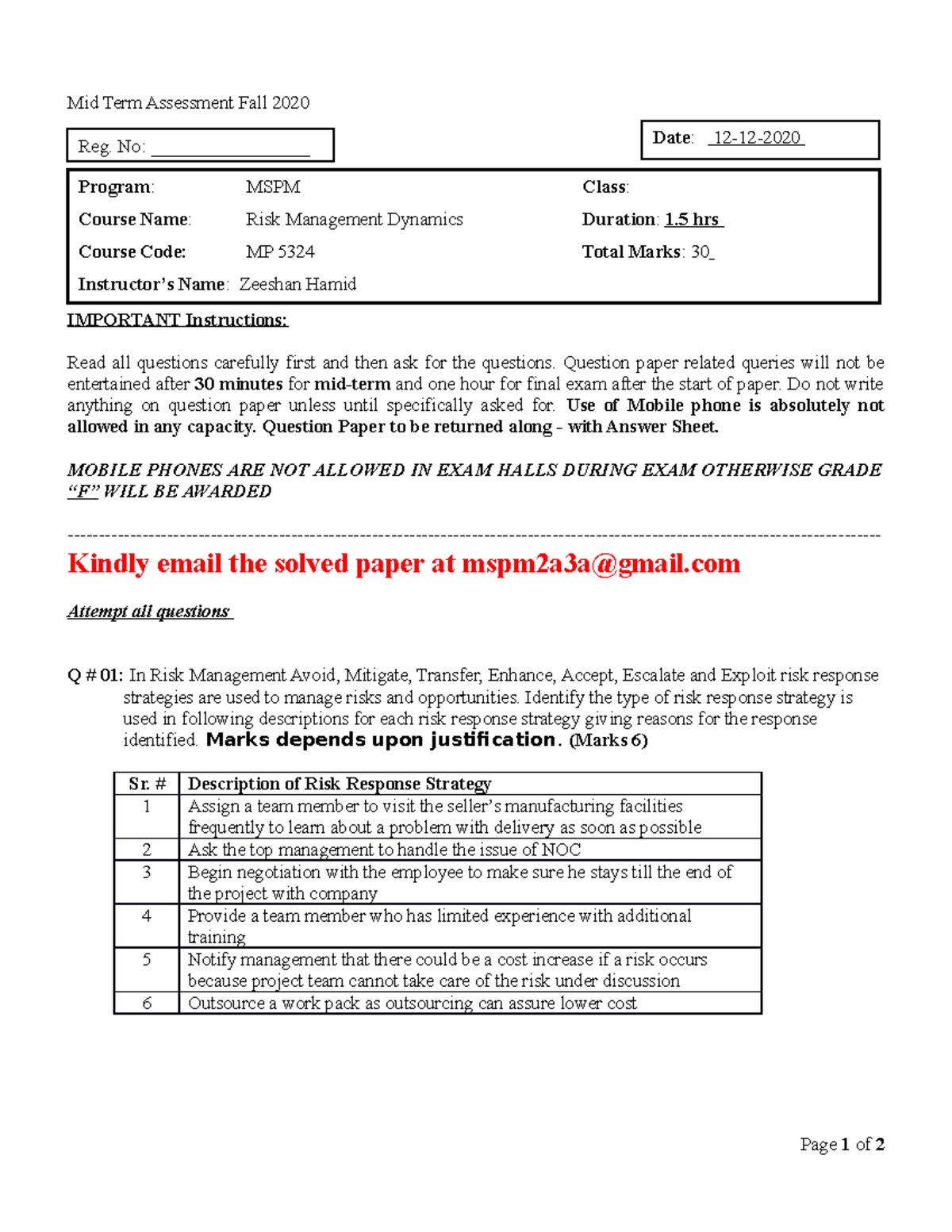 Exam 2020, questions - Mid Term Assessment Fall 2020 IMPORTANT ...
