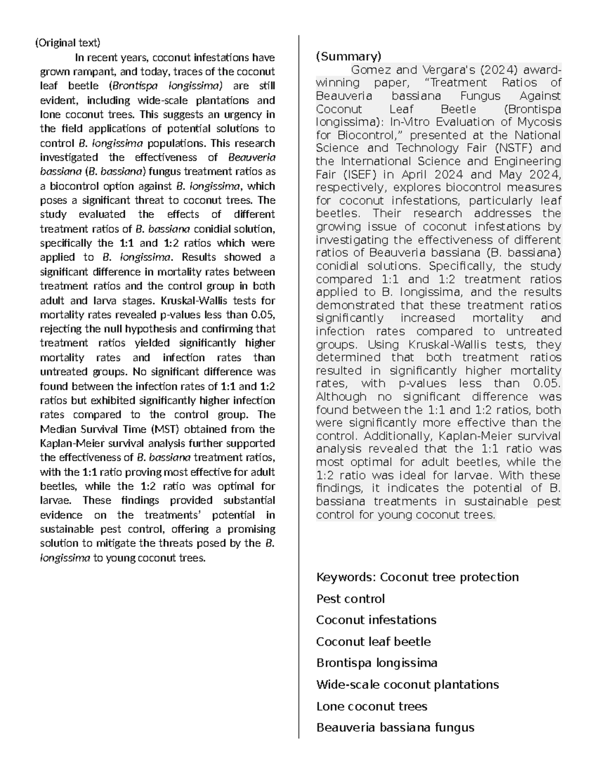 Abstract-summary - An abstract summary of research. - (Original text) In recent years, coconut ...