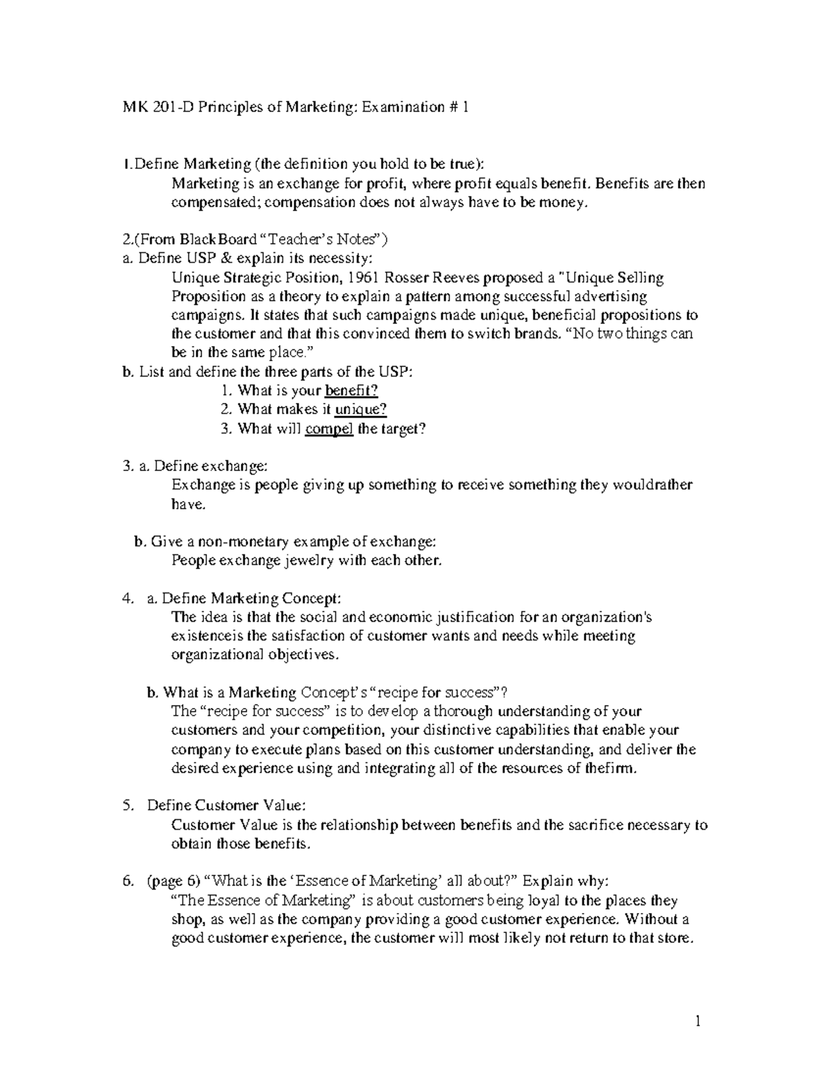 Midterm Principles of Marketing with answers - MK 201-D Principles of Marketing: Examination # 1 ...