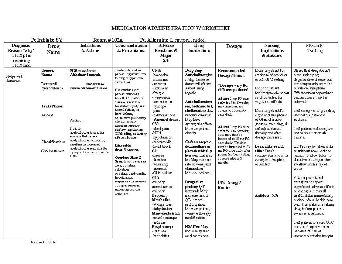 Donepezil Med Sheet 1-395020 - MEDICATION ADMINISTRATION WORKSHEET Pt ...